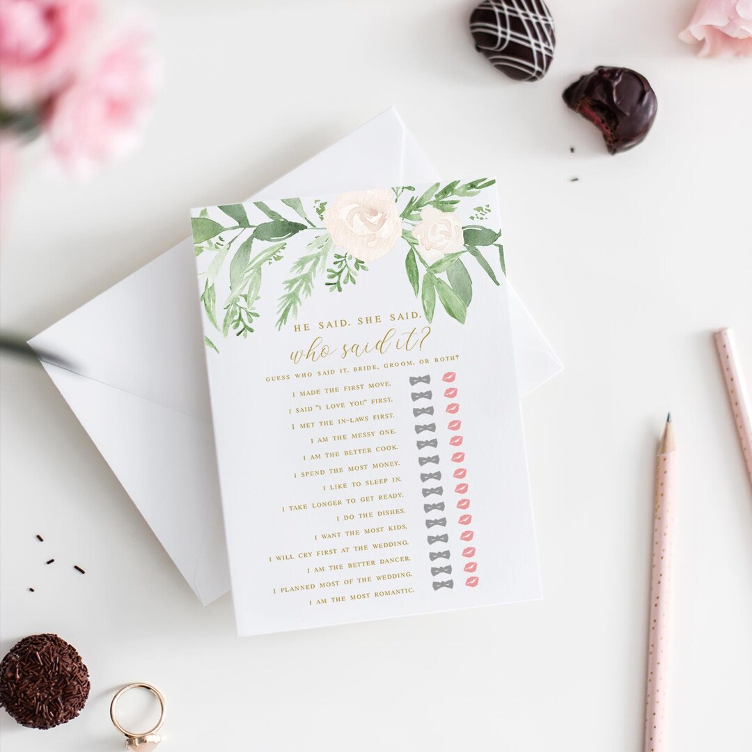 Editable Who Said It Bridal Shower Game Template | Floral He Said She ...