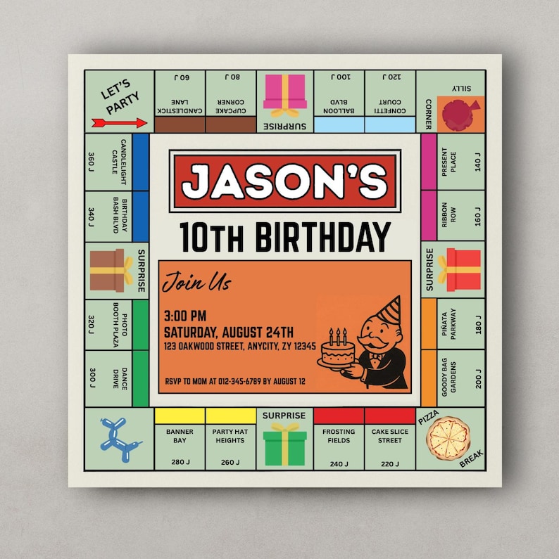 Monopoly Birthday Invitation Editable Canva Template |board Game Party ...