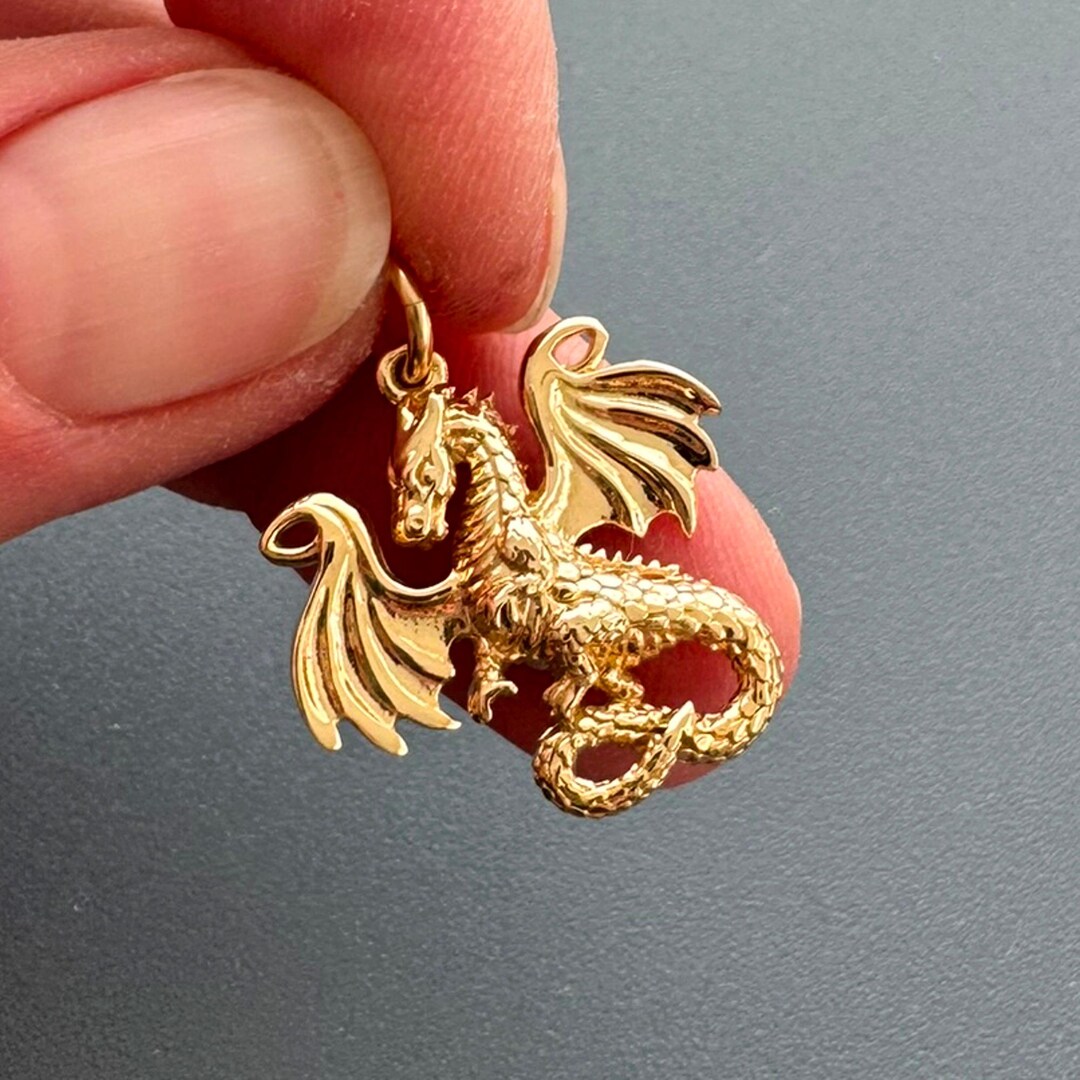Gold Dragon Necklace Charm, Fantasy Gothic Jewelry, Gift for Him Her ...