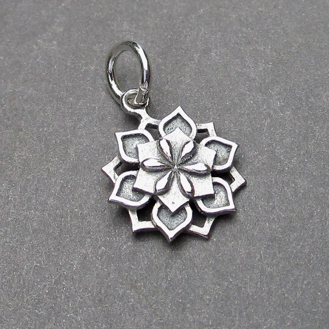 Sterling Silver Lotus Flower Mandala Charm, Bangle Bracelet Charm, Flower Necklace Pendant, Yoga ...