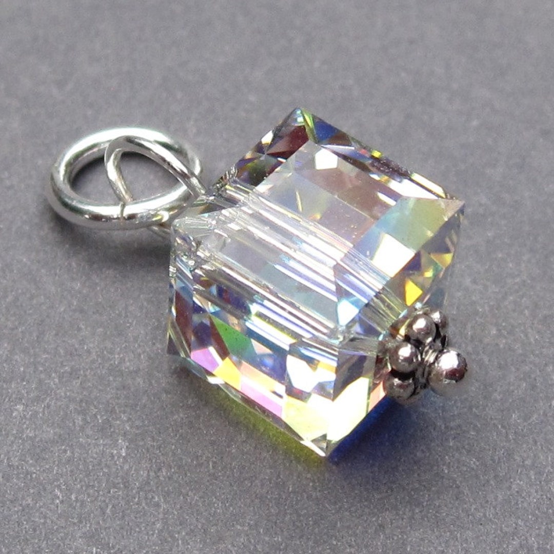Clear AB Crystal Birthstone Charm, 8mm Crystal Cube and Sterling Silver ...
