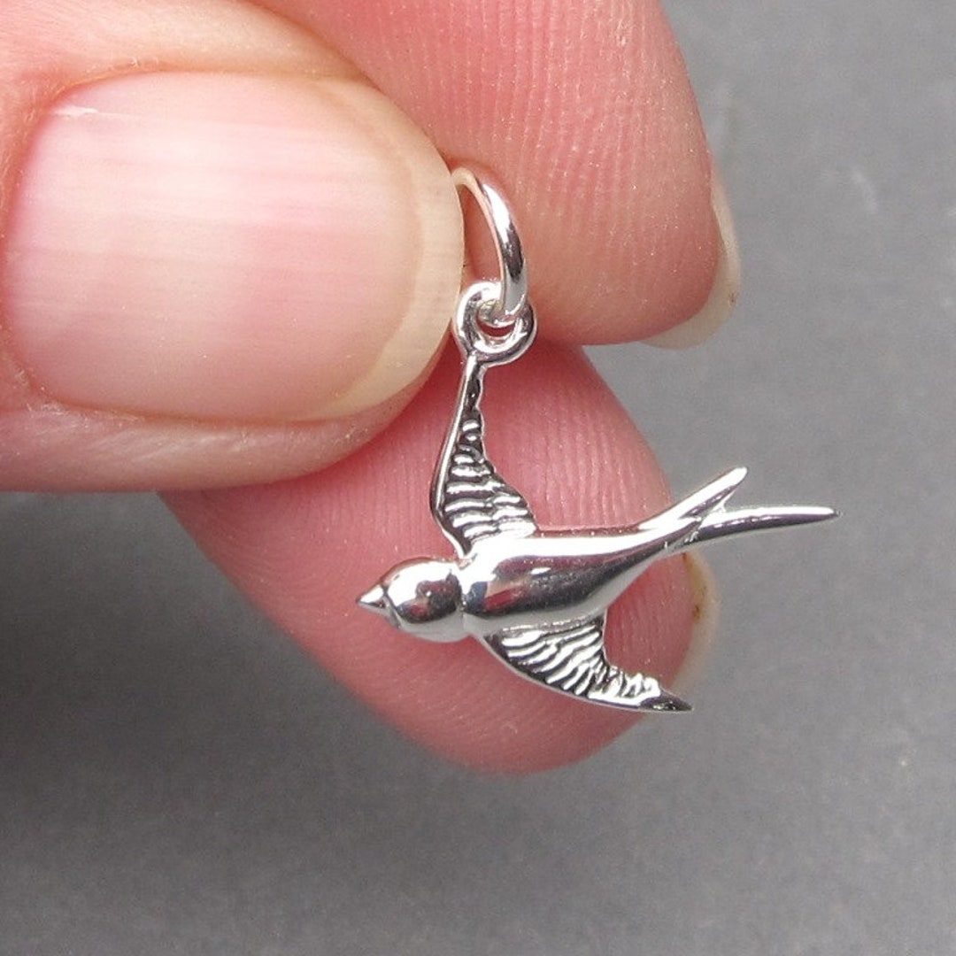 Bird Necklace Charm, Sterling Silver Bird Charm, Soaring Dove Swallow ...