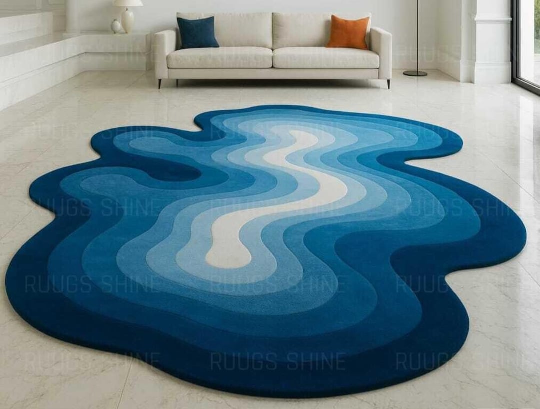 Abstract Blue Wave Rug: Modern Coastal Wool Area Carpet - Etsy