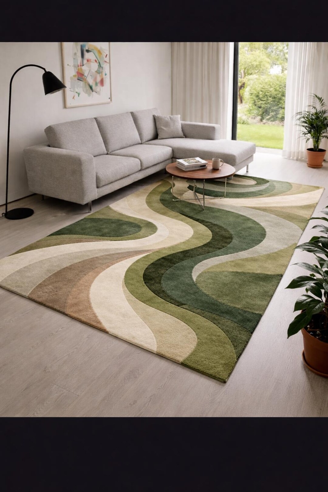 Hand Tufted Modern Abstract Green Area Rug, Contemporary Wave Design ...
