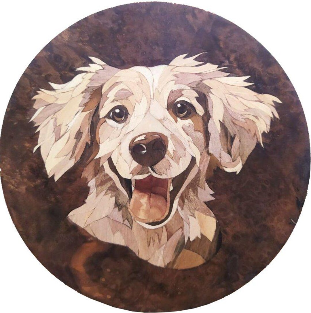 Golden Retriever Dog Portrait in Marquetry – Handcrafted Wood Inlay Art ...