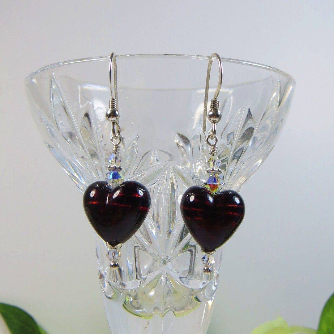 Venetian Glass Dark Cherry Red Heart Earrings, Murano Dark Red W 24kt ...