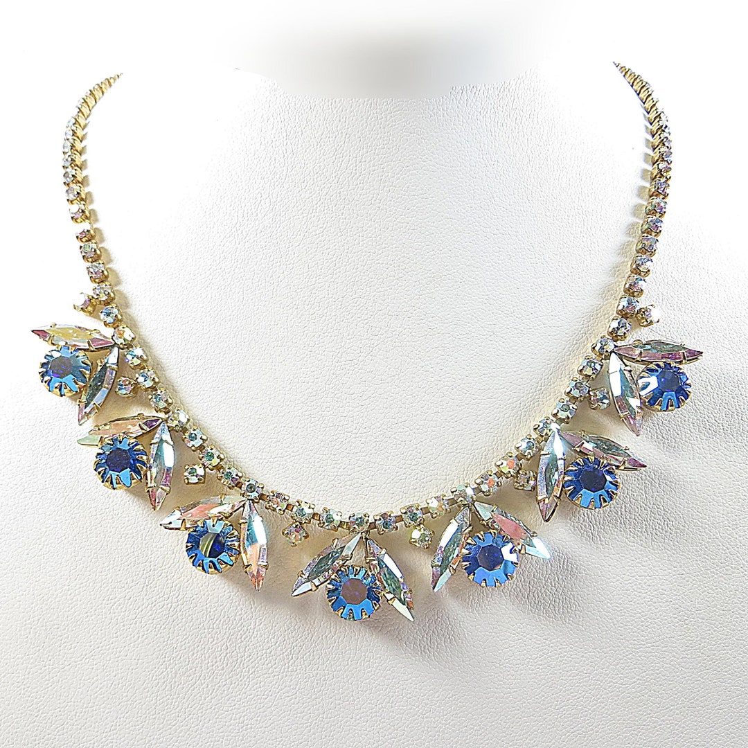 1950s Vintage Necklace Blue AB Aurora Borealis Crystal Rhinestone ...