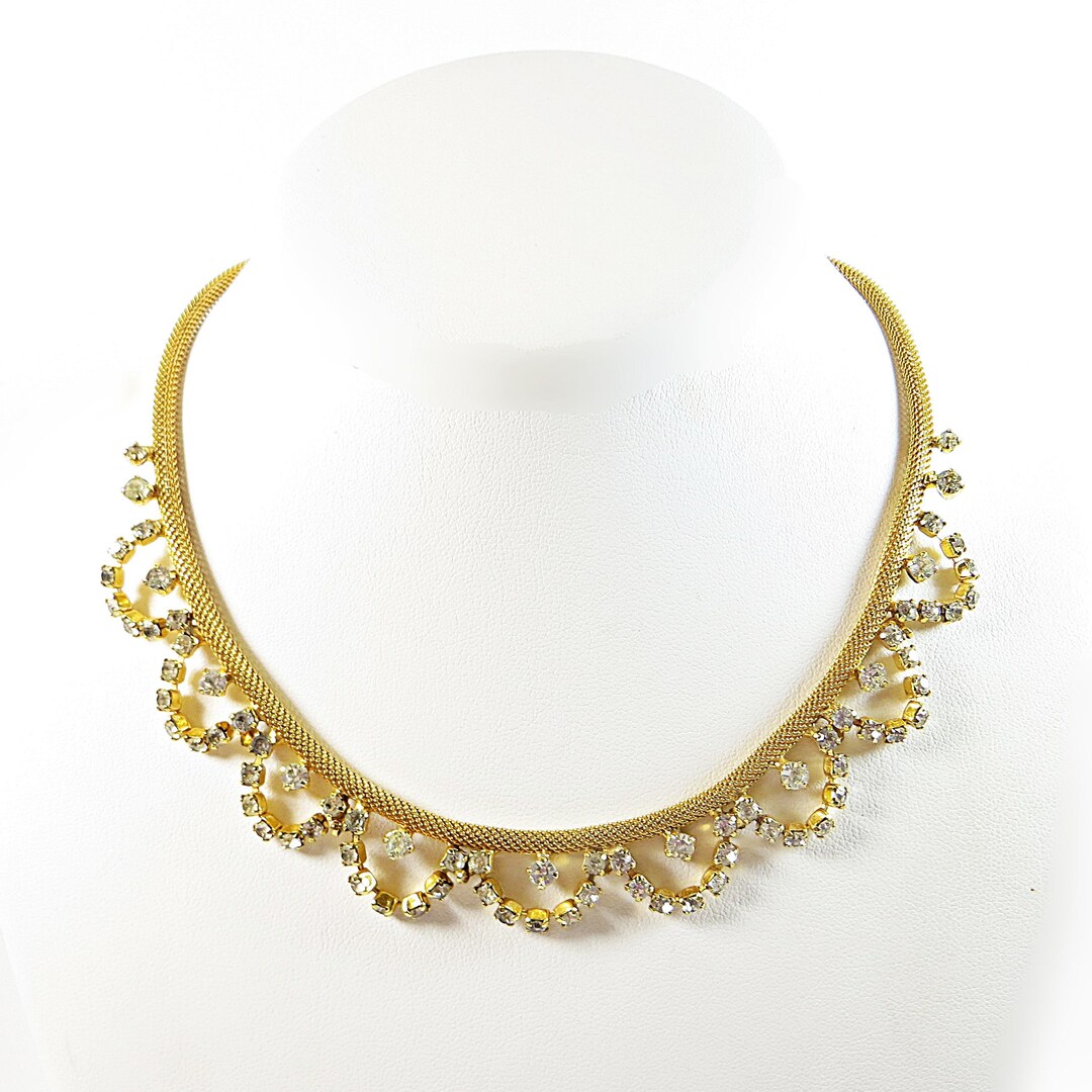 1960s-70s Necklace Choker, Lovely Goldtone Mesh and Crystal Rhinestone ...