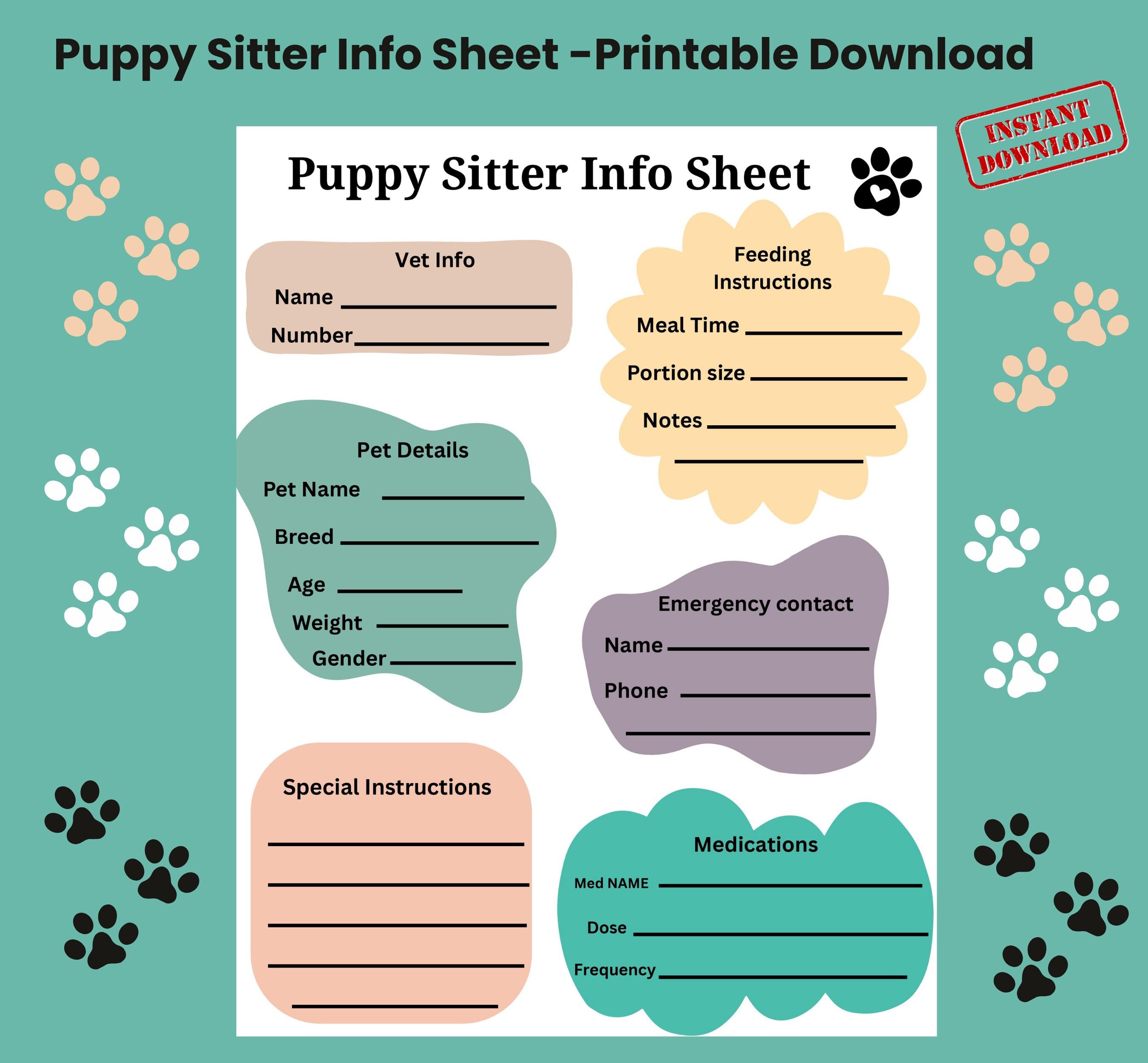 Puppy Sitter Info Sheet Printable, Dog Sitter Planner, Pet Sitting Log ...
