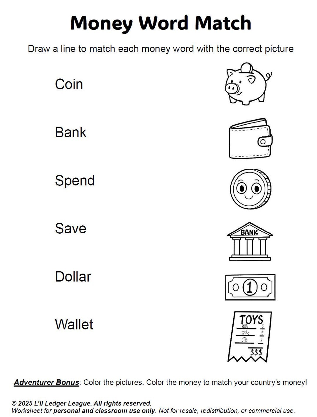 Money Words Match Worksheet – Kids Financial Literacy Printable ...