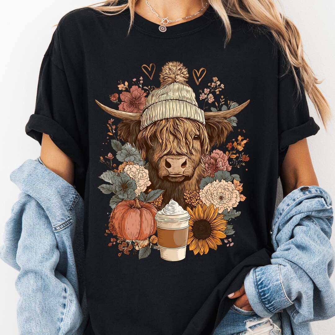 Fall Heartland Cow PNG Shirt Design - Beanie, Pumpkin Spice Latte, Fall ...