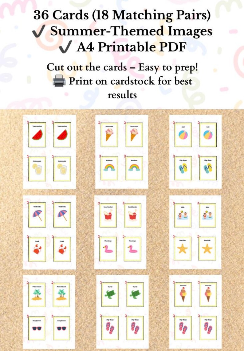 Printable Summer Memory Game for Kids – Fun Matching Card Game ...