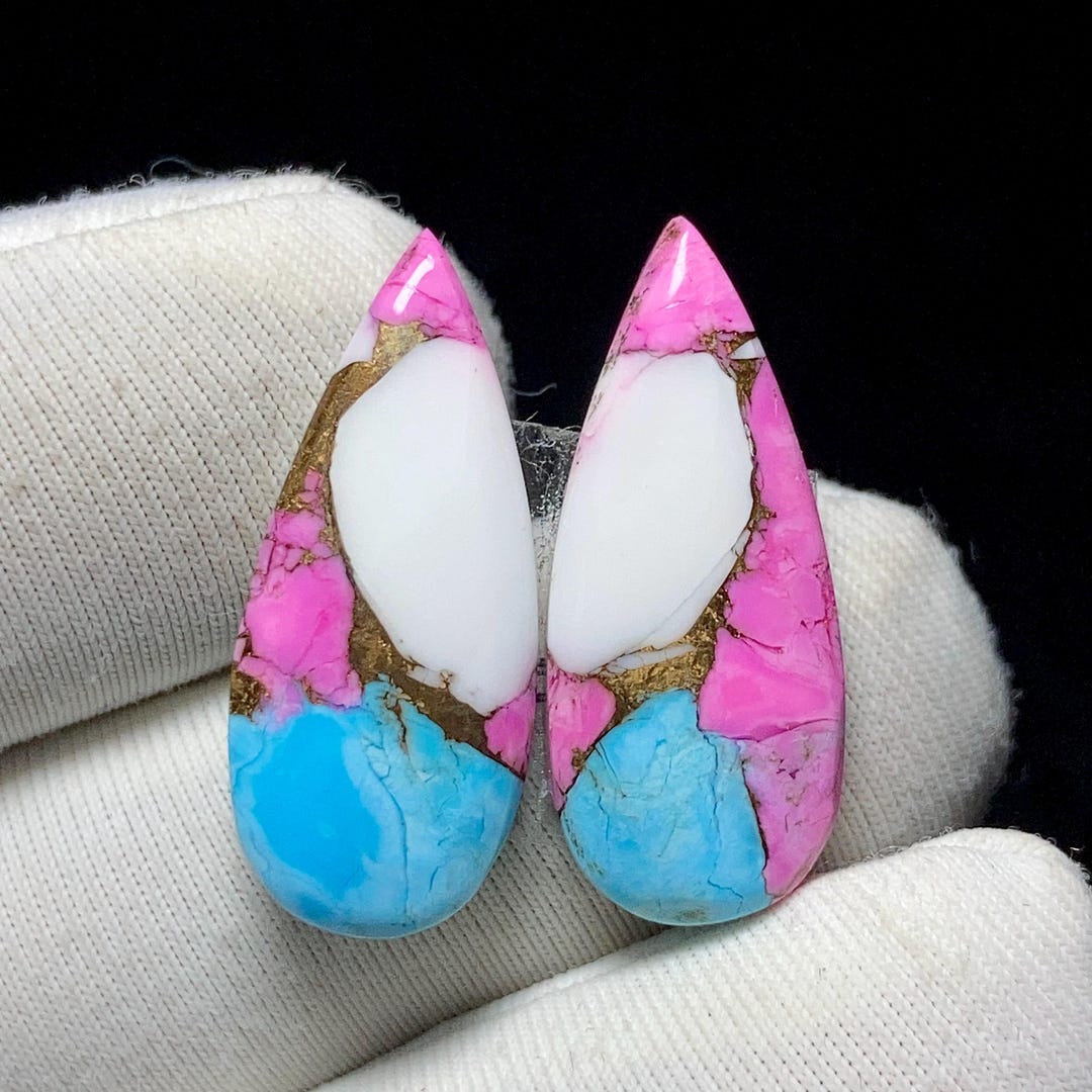 Pink Cotton Candy Dahlia Turquoise Pair Cabochon - 9.45 Cts 20x8.5x3.3 ...