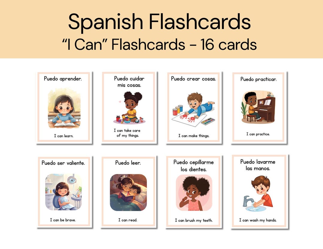 Bilingual Spanish English "i Can" Flashcards for Kids to Build ...