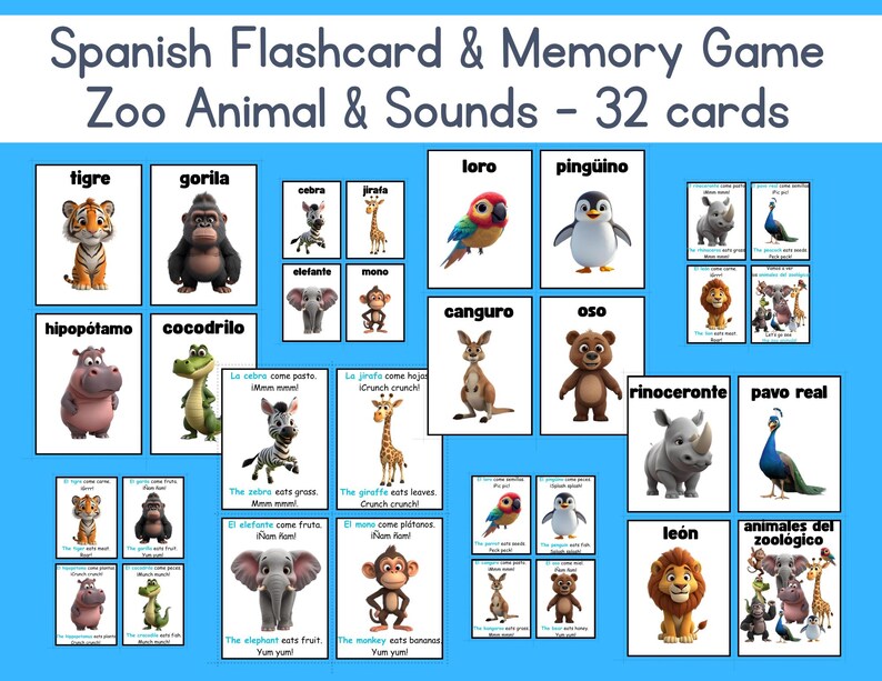 Spanish Zoo Animal Flashcards: Bilingual Learning Game (digital ...