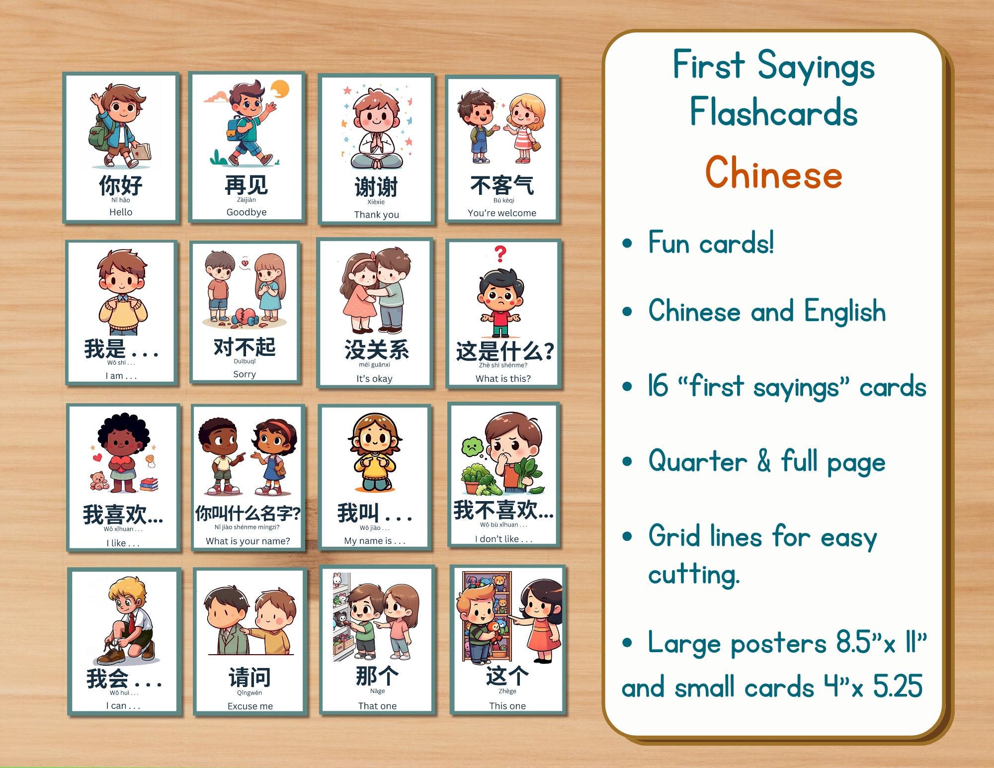 Mandarin Chinese Flashcards for Kids: Beginner Phrases (printable Cards ...