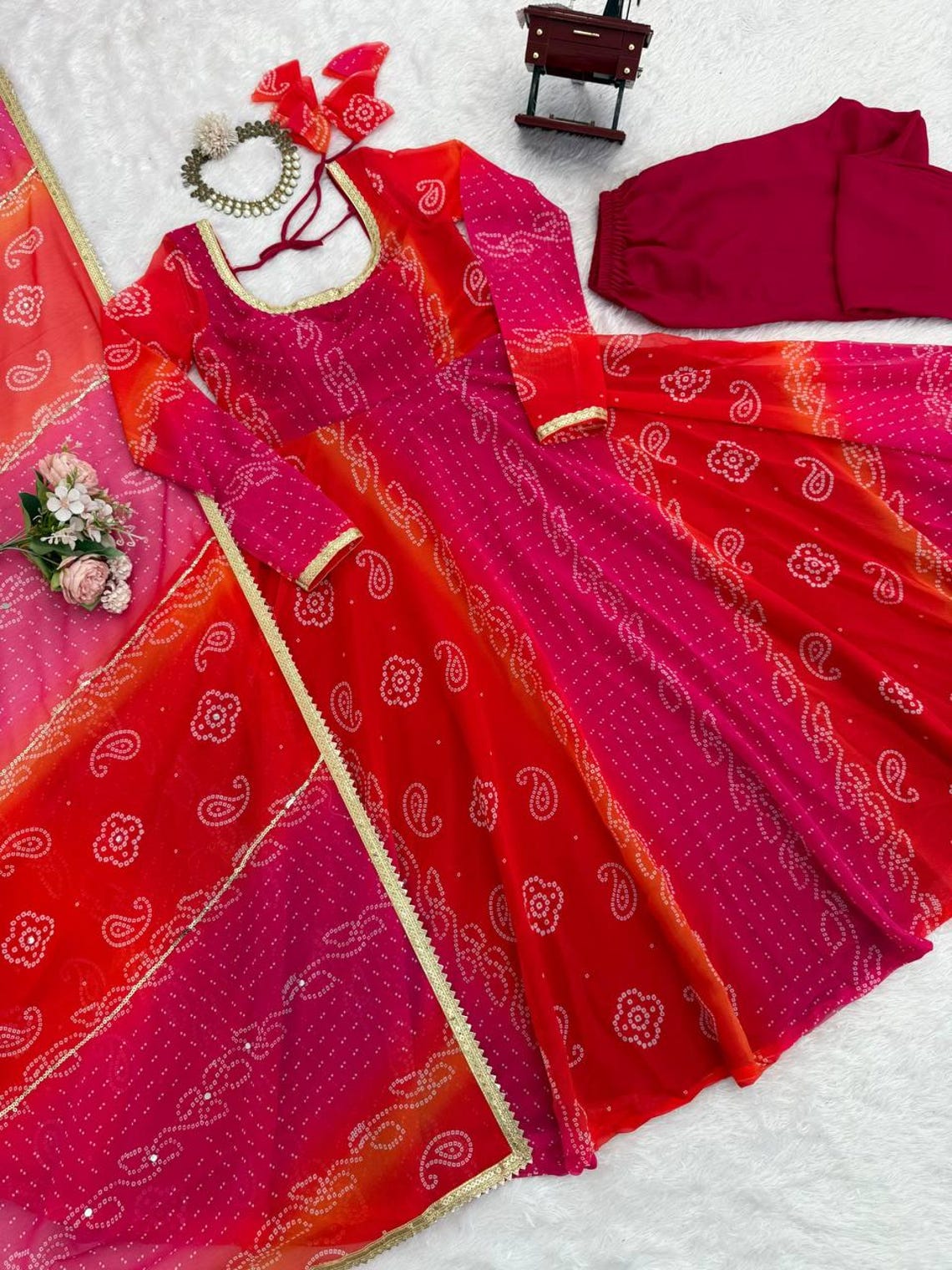 Pink Orange Bandhani Anarkali Suit | Digital Print Georgette Anarkali ...