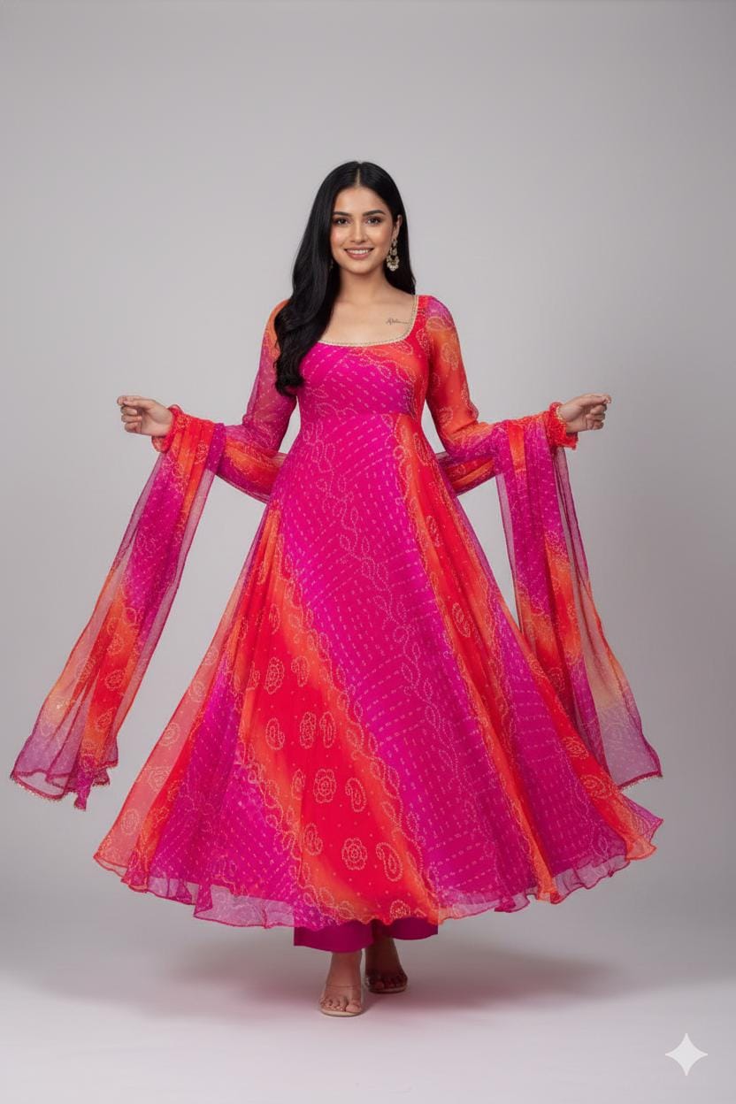 Pink Orange Bandhani Anarkali Suit | Digital Print Georgette Anarkali ...