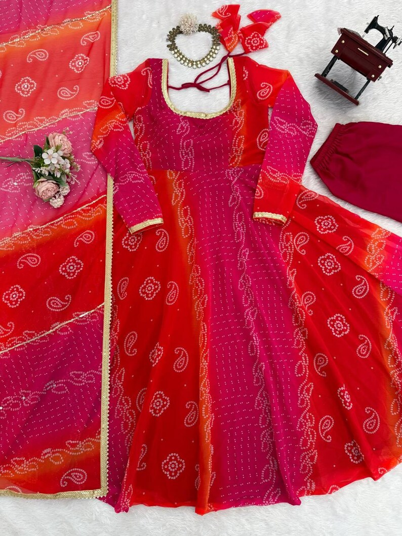 Pink Orange Bandhani Anarkali Suit | Digital Print Georgette Anarkali ...