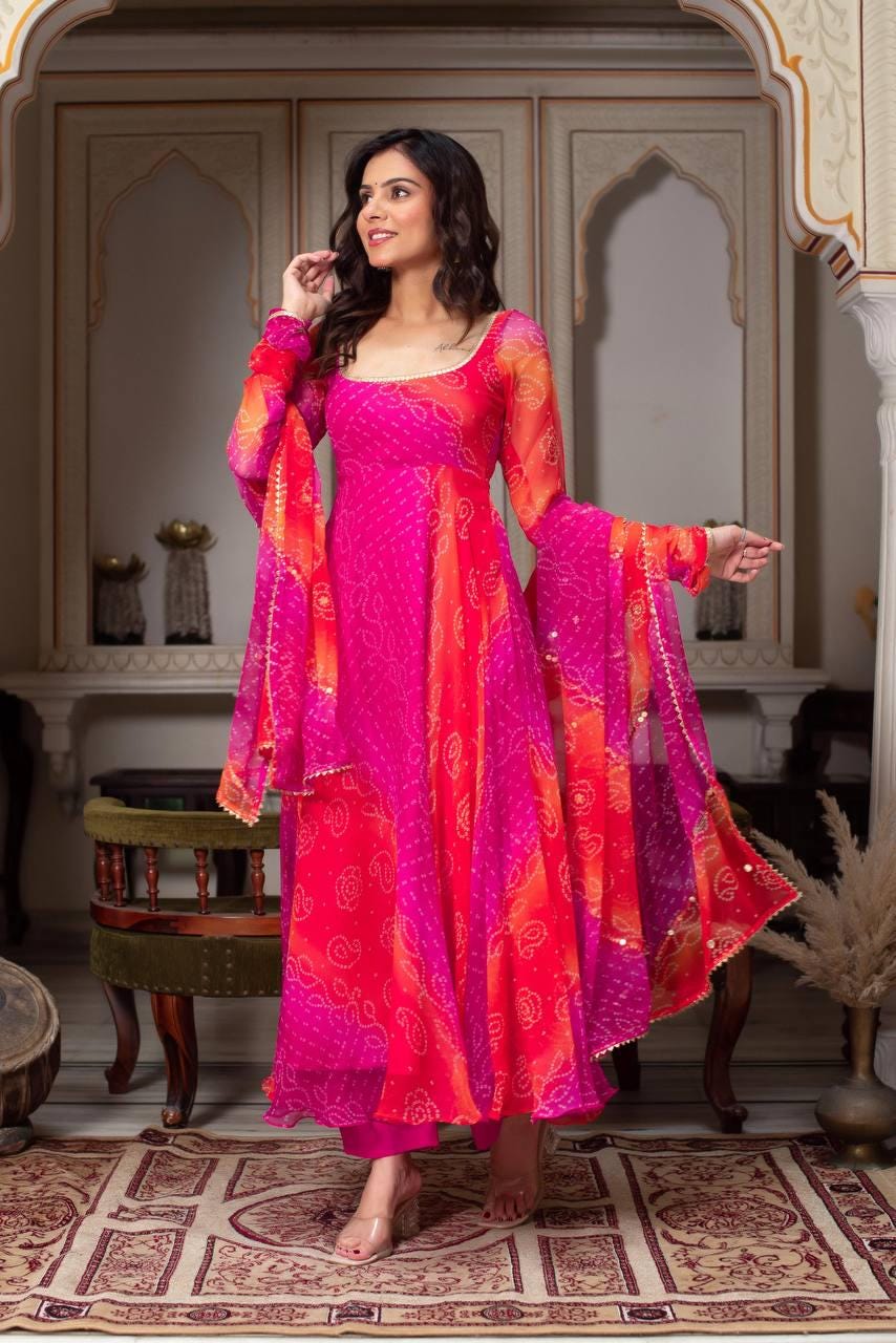 Pink Orange Bandhani Anarkali Suit | Digital Print Georgette Anarkali ...