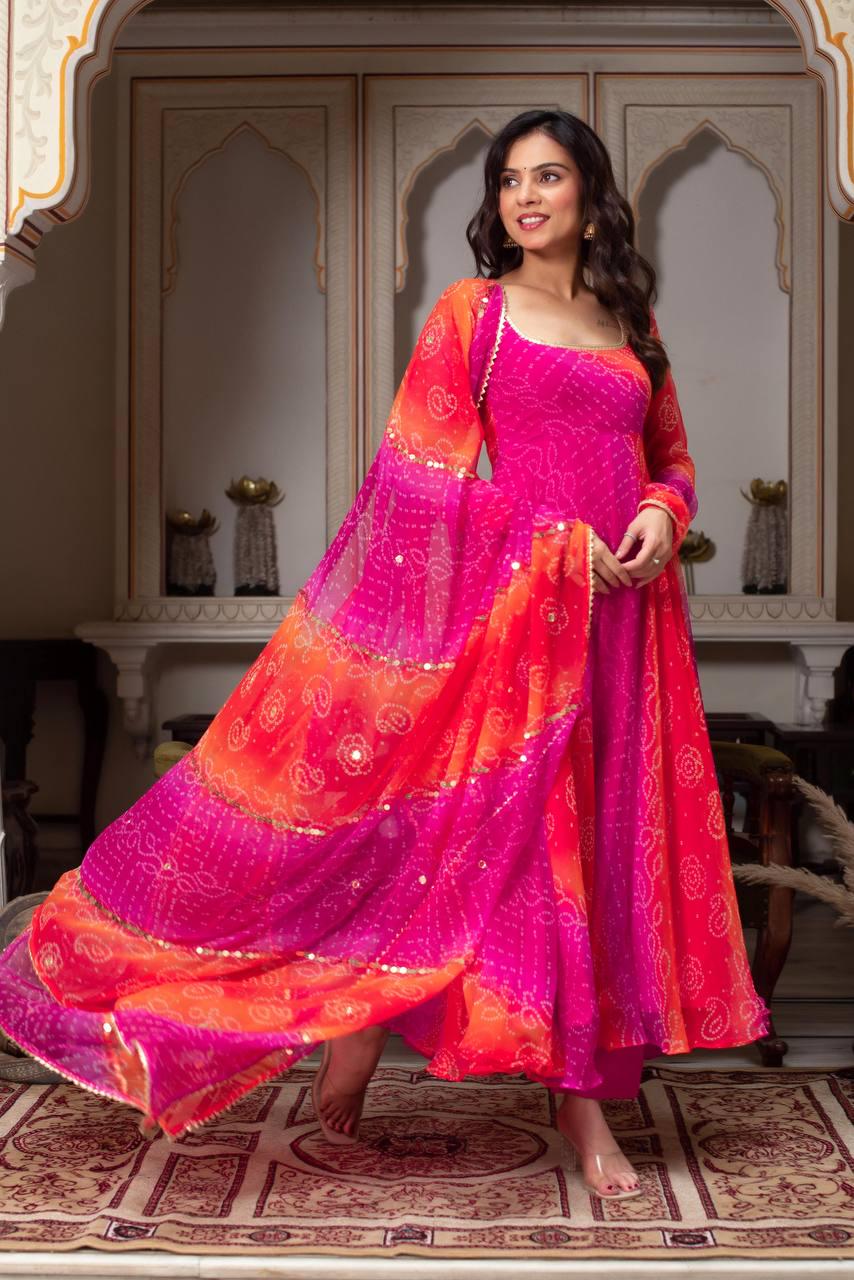 Pink Orange Bandhani Anarkali Suit | Digital Print Georgette Anarkali ...