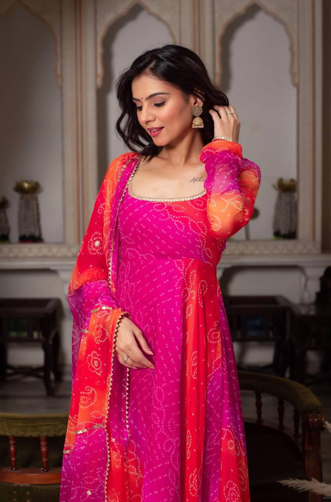 Pink Orange Bandhani Anarkali Suit | Digital Print Georgette Anarkali ...