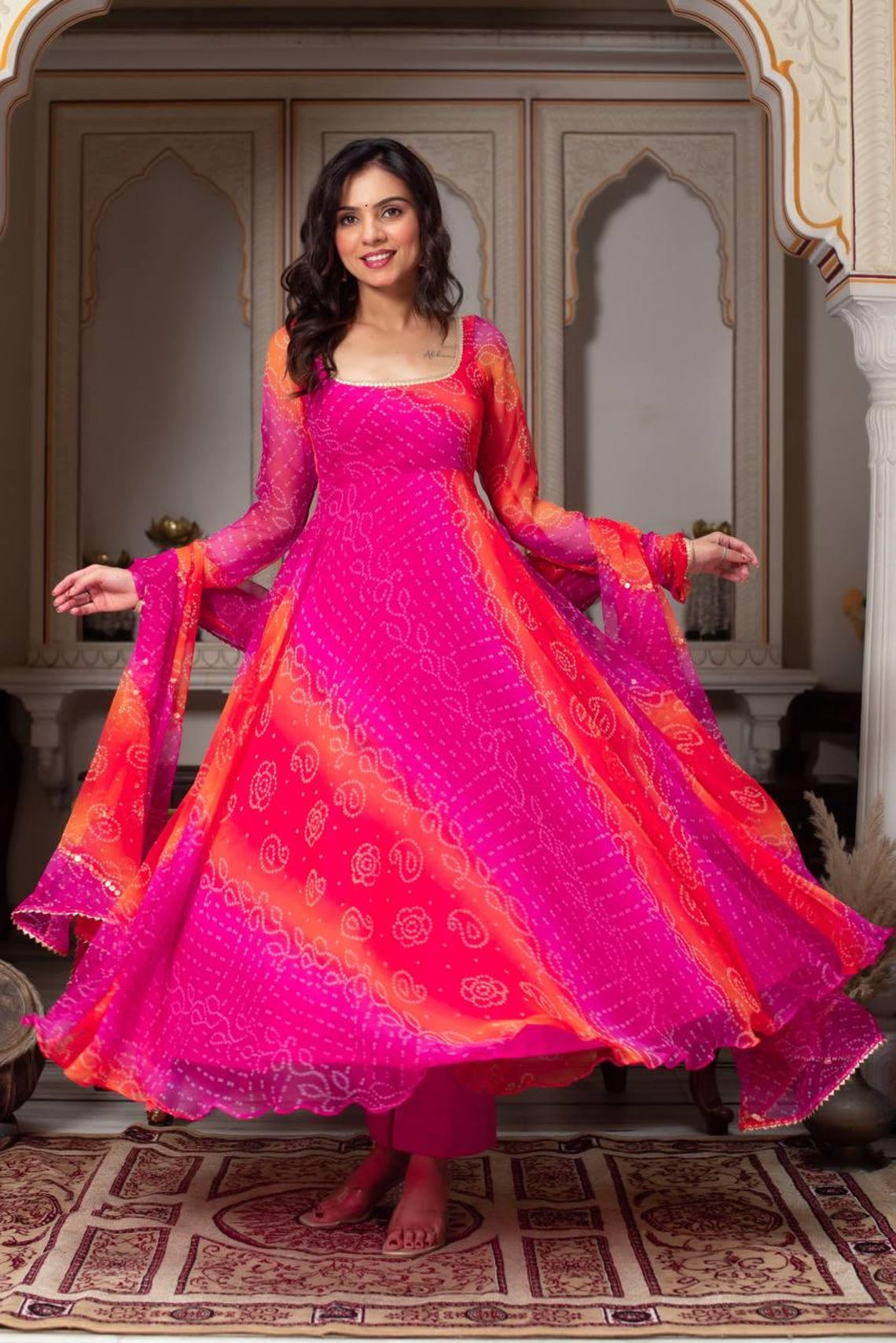 Pink Orange Bandhani Anarkali Suit | Digital Print Georgette Anarkali ...