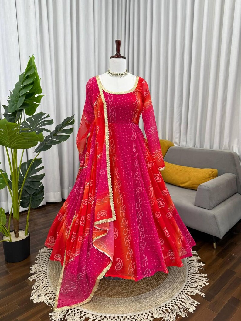 Pink Orange Bandhani Anarkali Suit | Digital Print Georgette Anarkali ...