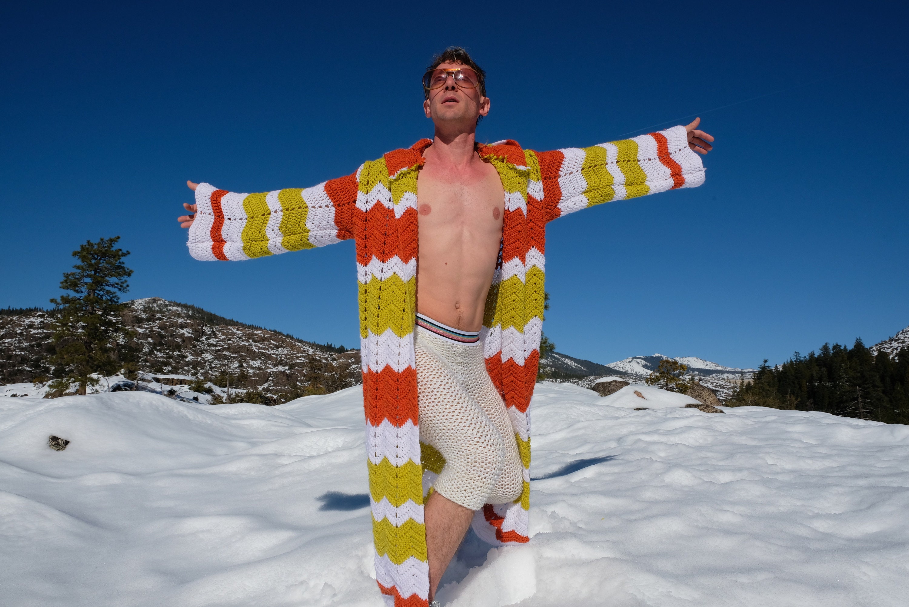 Crochet Sweater Robe White Green and Rust Ultra Soft Floor Length L