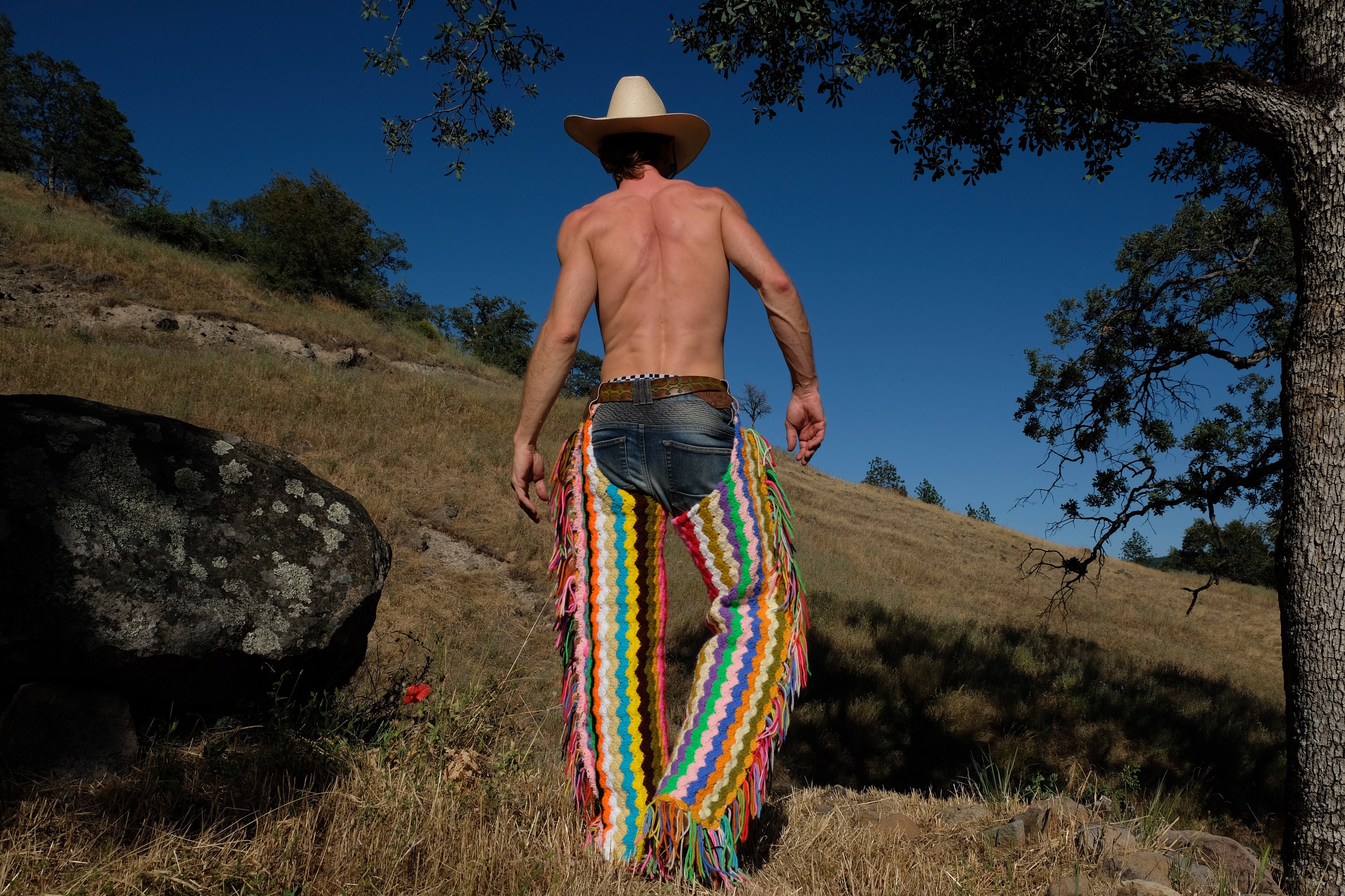 Crochet Chaps Rainbow Stripes Pink Metallic Belt Loops Ultra Fringe