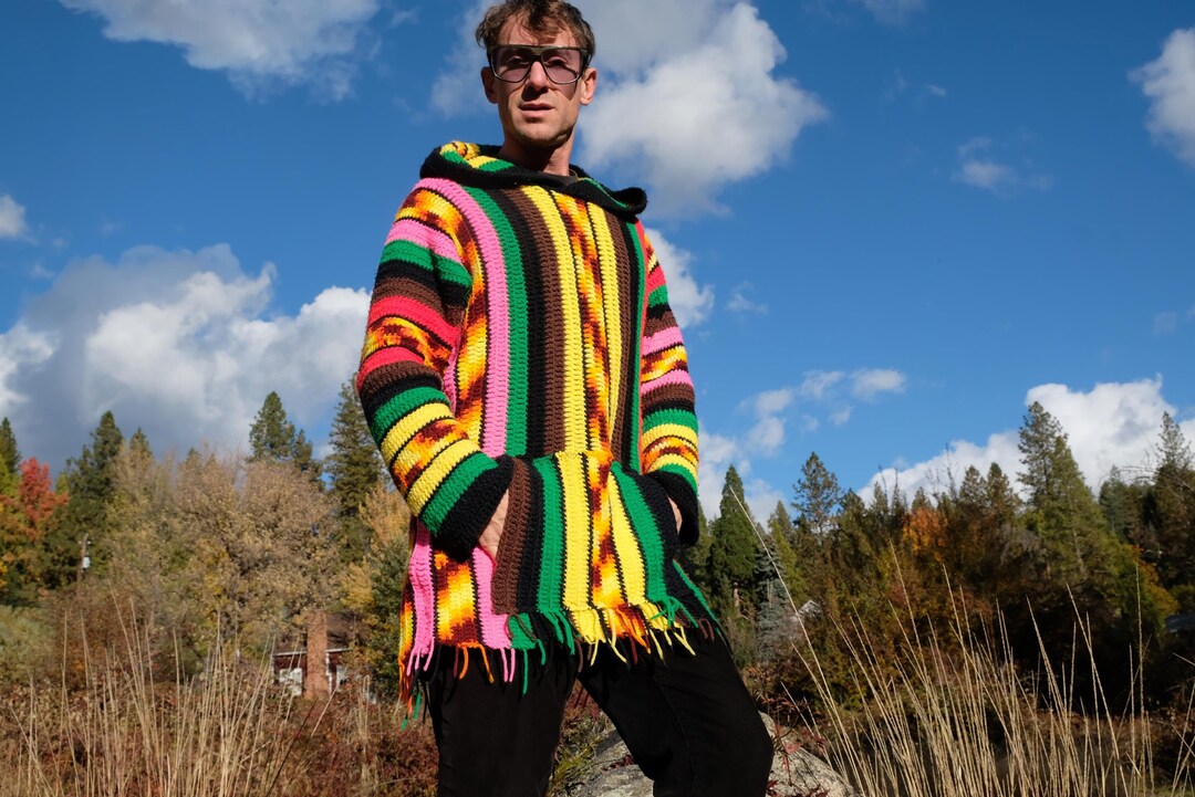 Crochet Drug Rug Neon Baja Hoodie Stripes Oversize M - Etsy