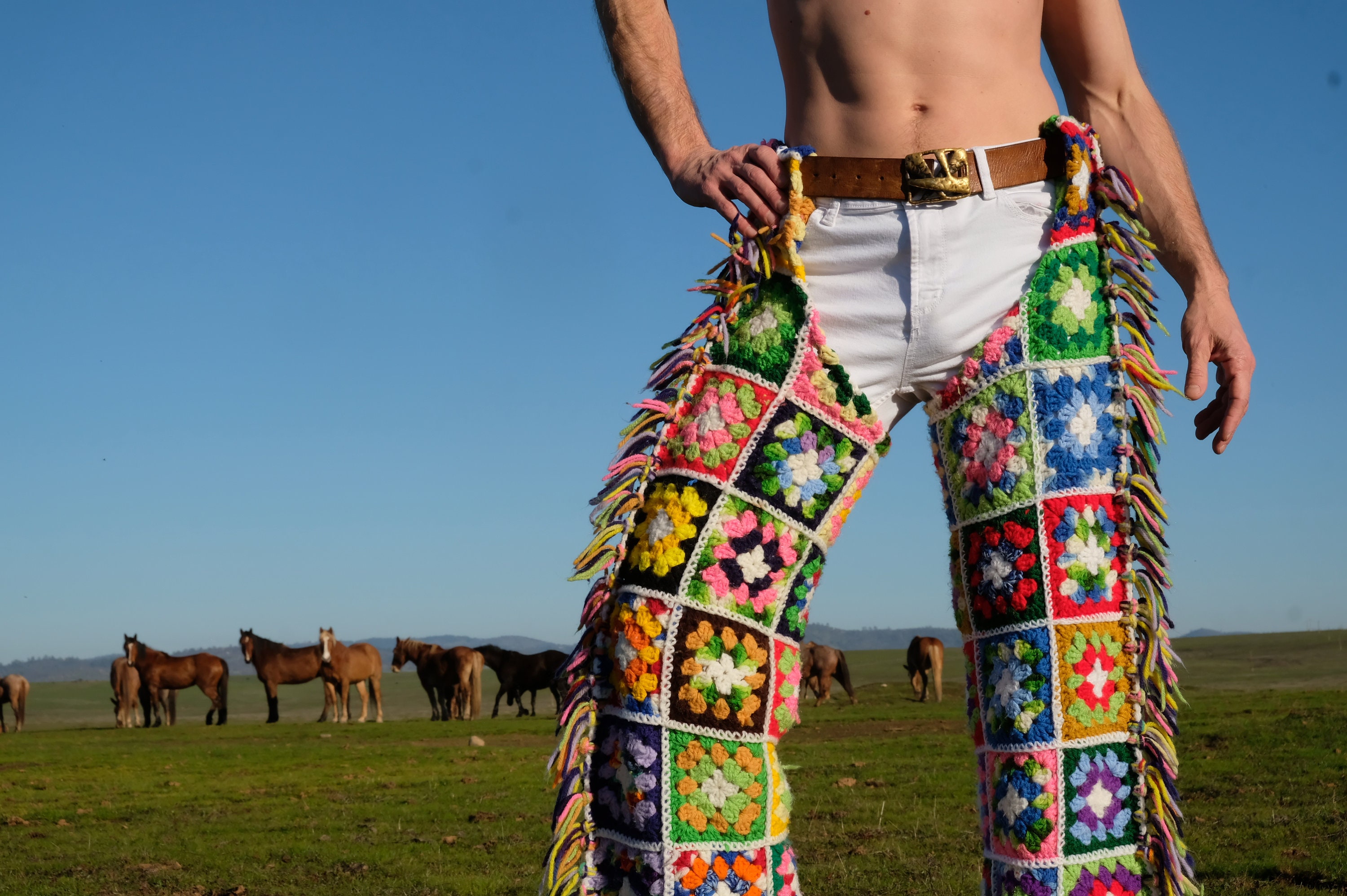 Crochet Chaps Multicolor Squares and Side Fringe M