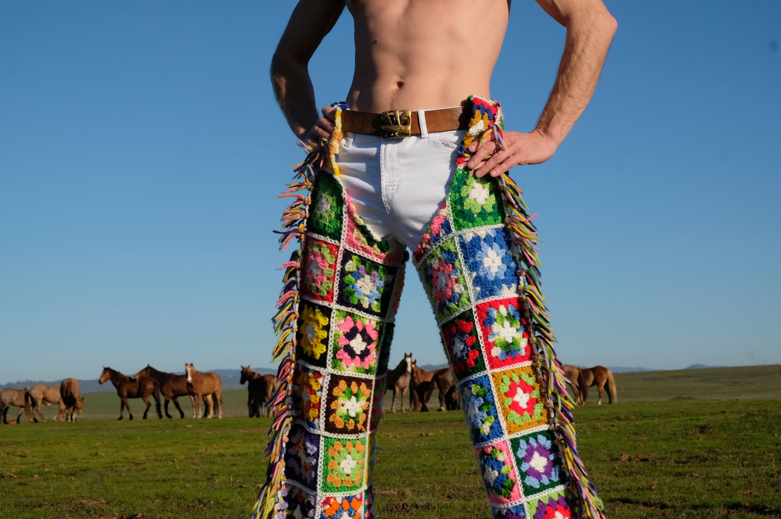 Crochet Chaps Multicolor Squares and Side Fringe M