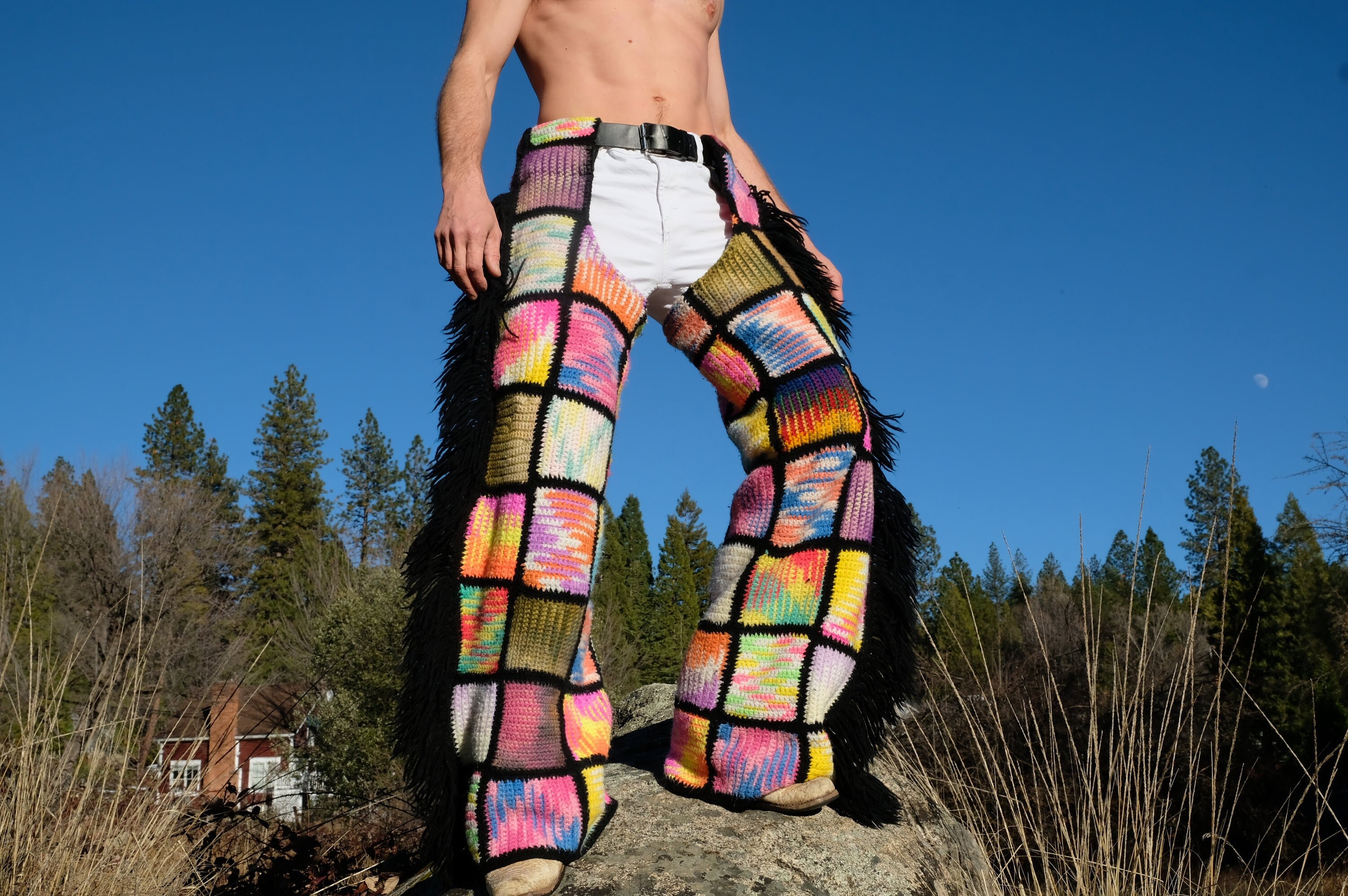 Crochet Chaps Multicolor Squares and Side Fringe L