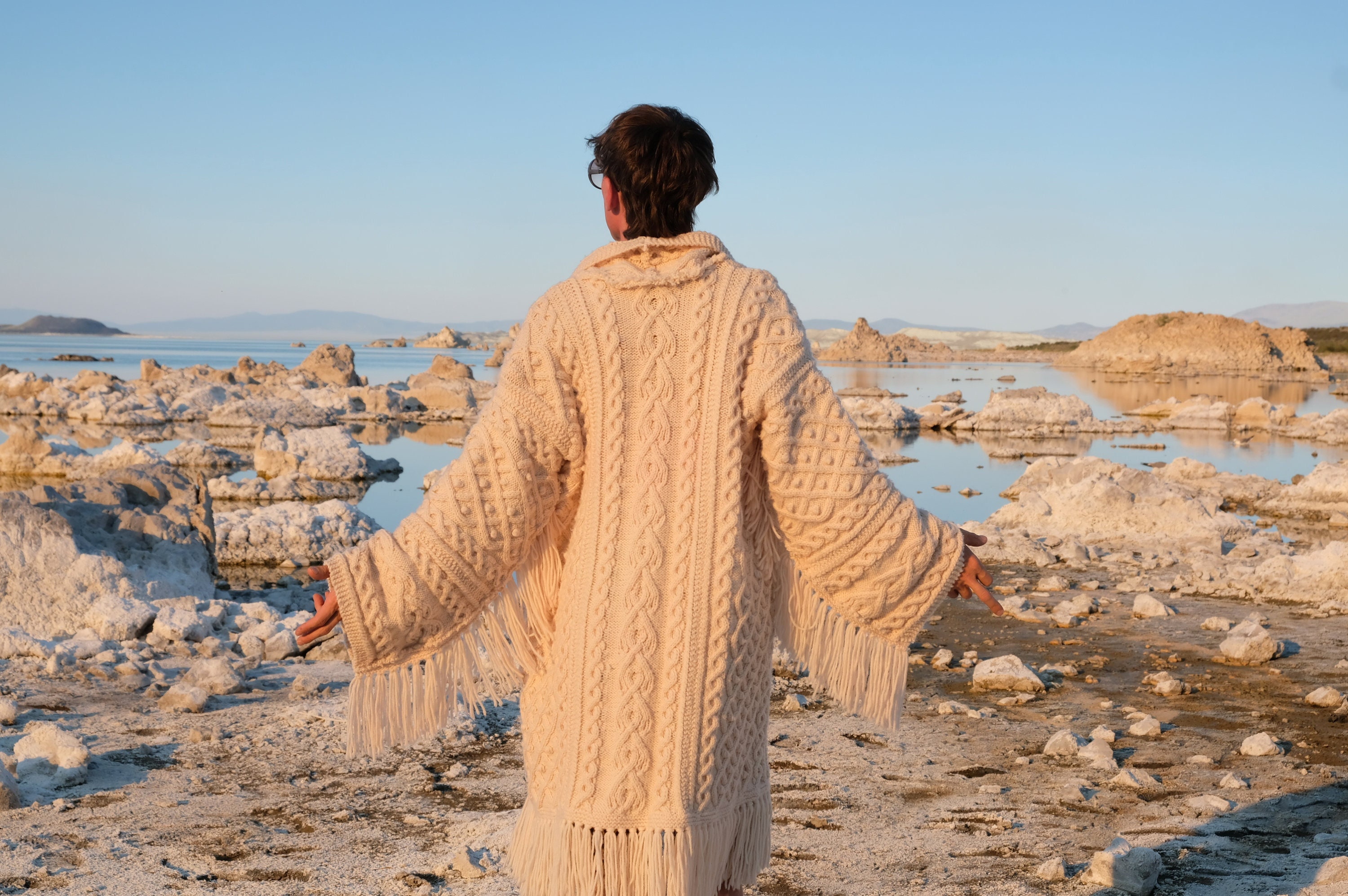 Knit Sweater Robe Long Fringe Cables Plush White L but fits larger and ...