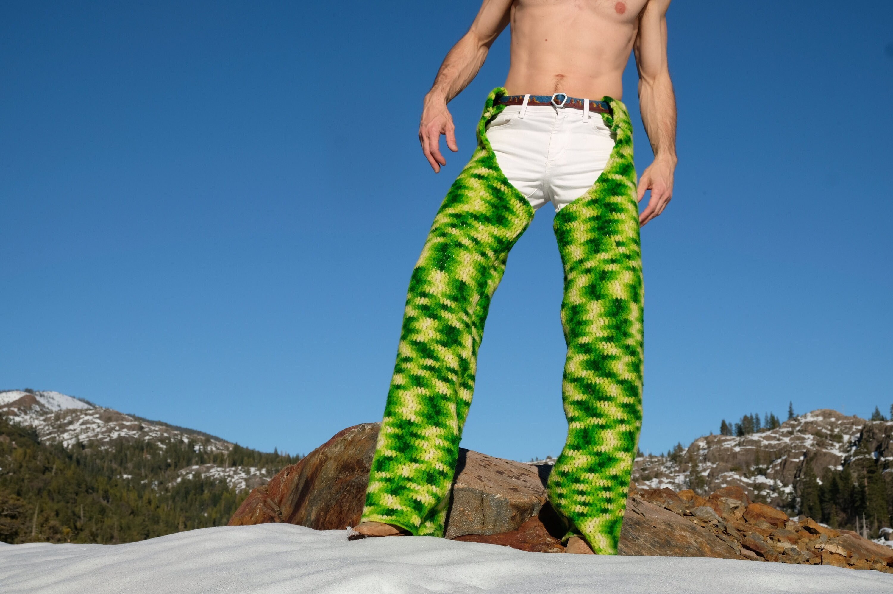 Crochet Chaps Green Variegated Cowboy Boot-Cut Wild Wool Disco Flares L