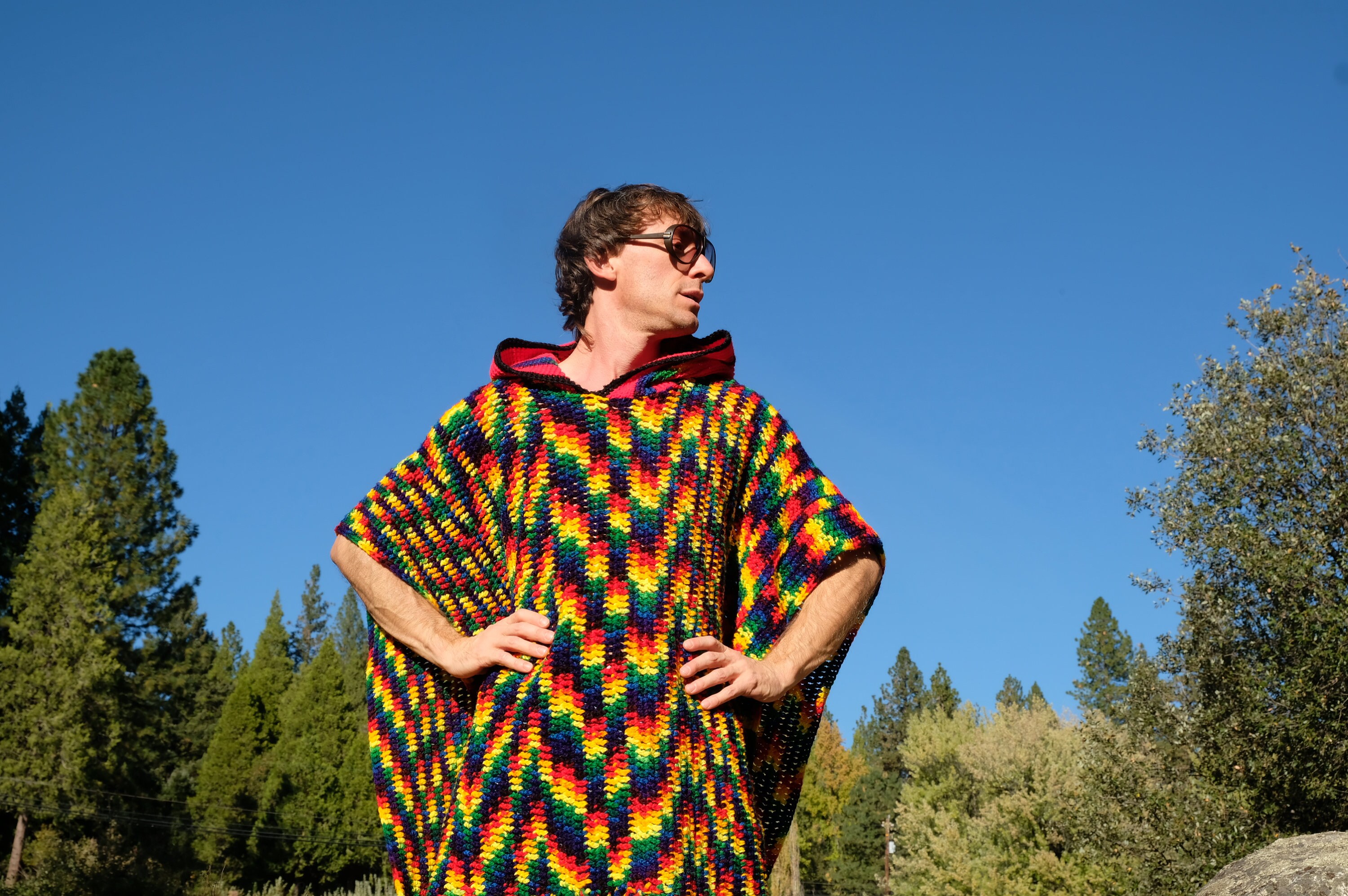 Crochet Poncho Rainbow Psychedelic Variegated Lines and Hoodie L