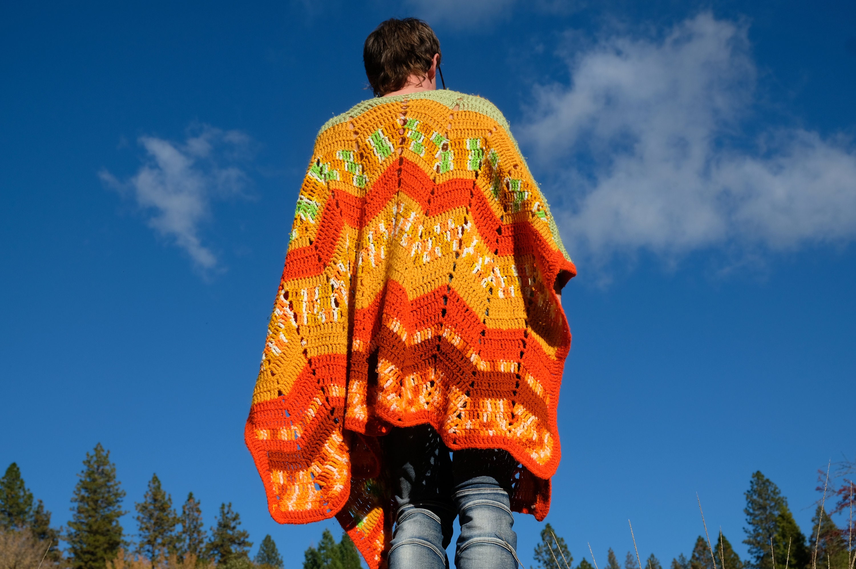 Crochet Poncho Rust And Green Chevrons