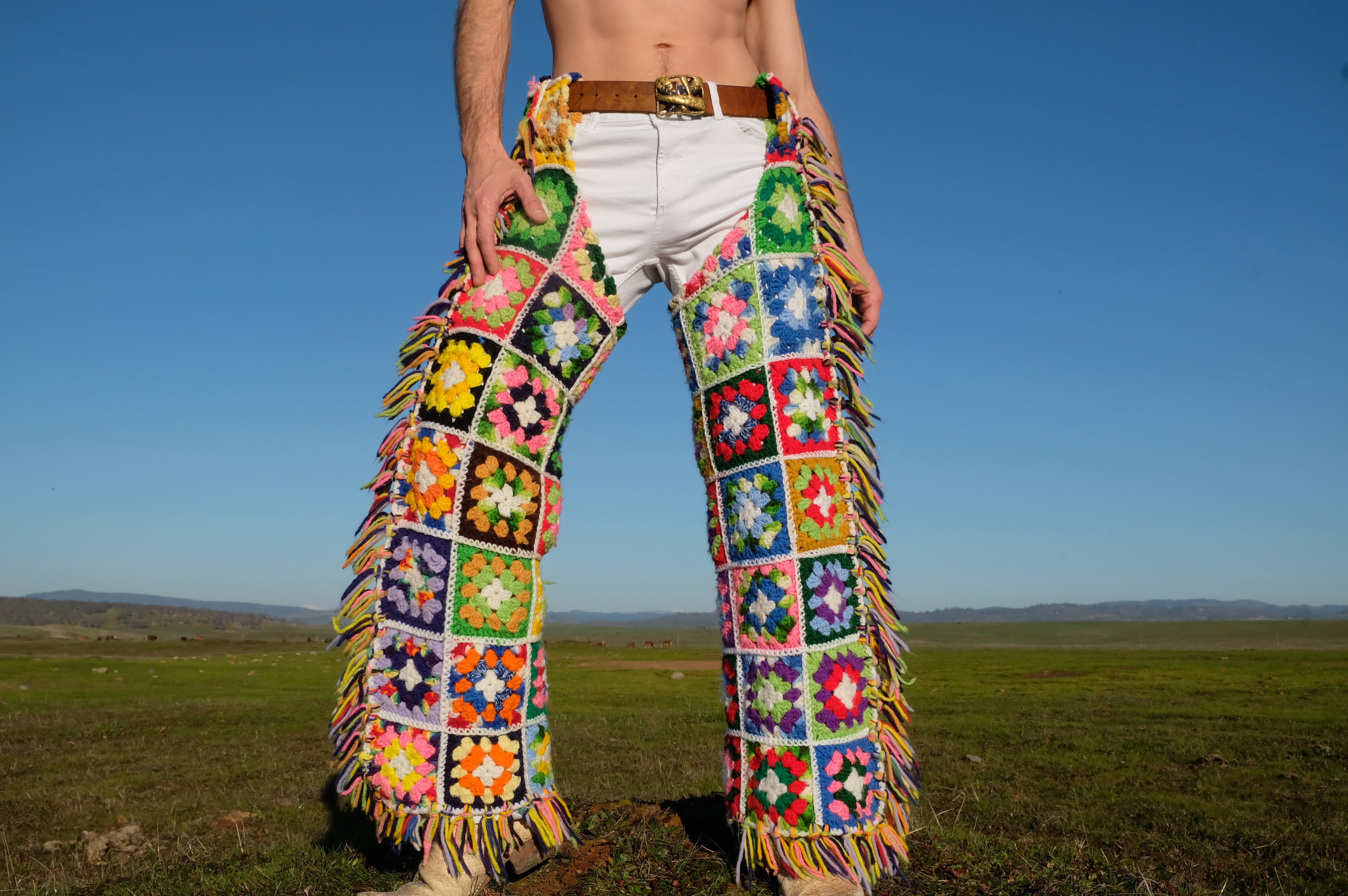 Crochet Chaps Multicolor Squares and Side Fringe M