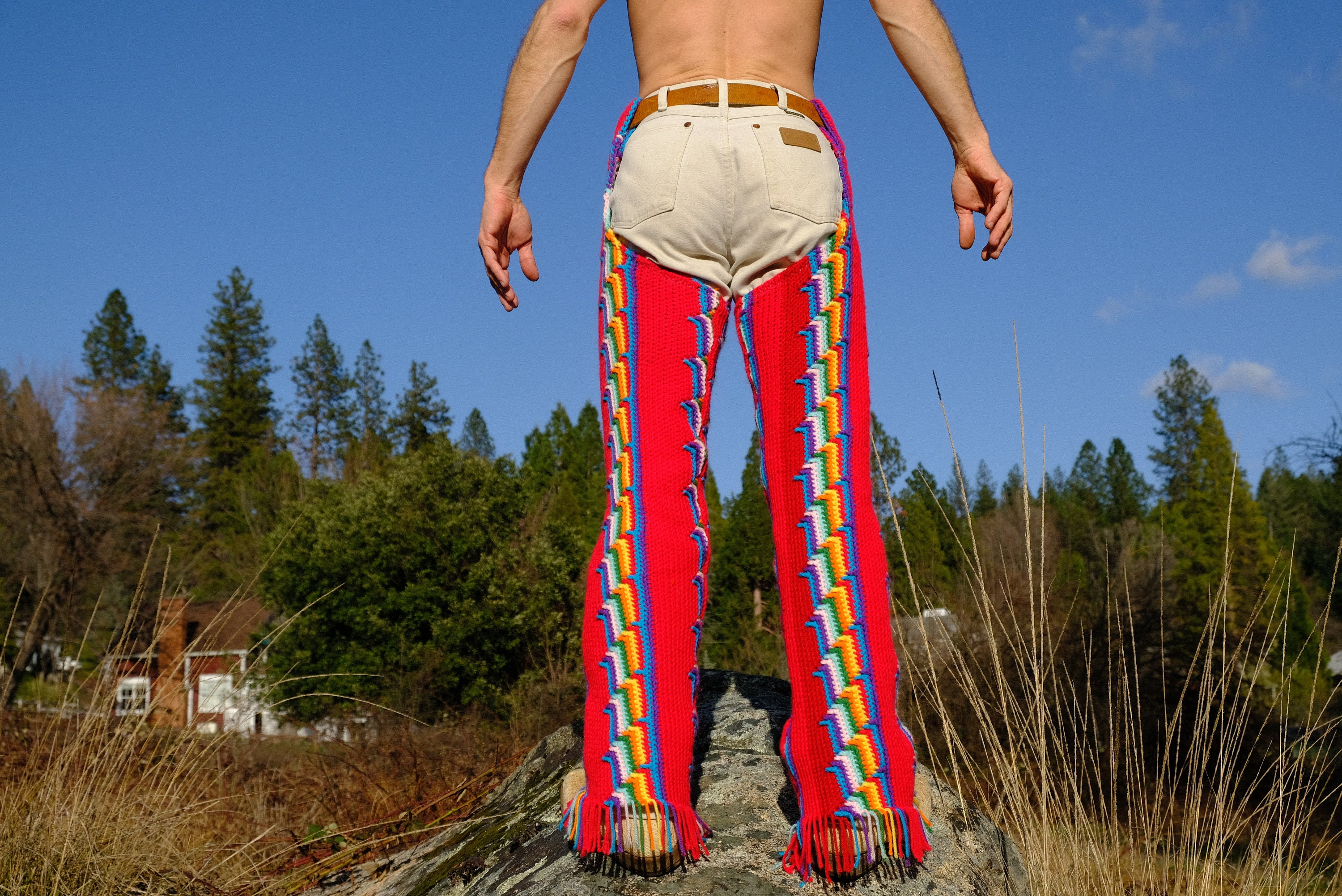 Crochet Chaps Bright Red and Blue Rainbow Stripe S