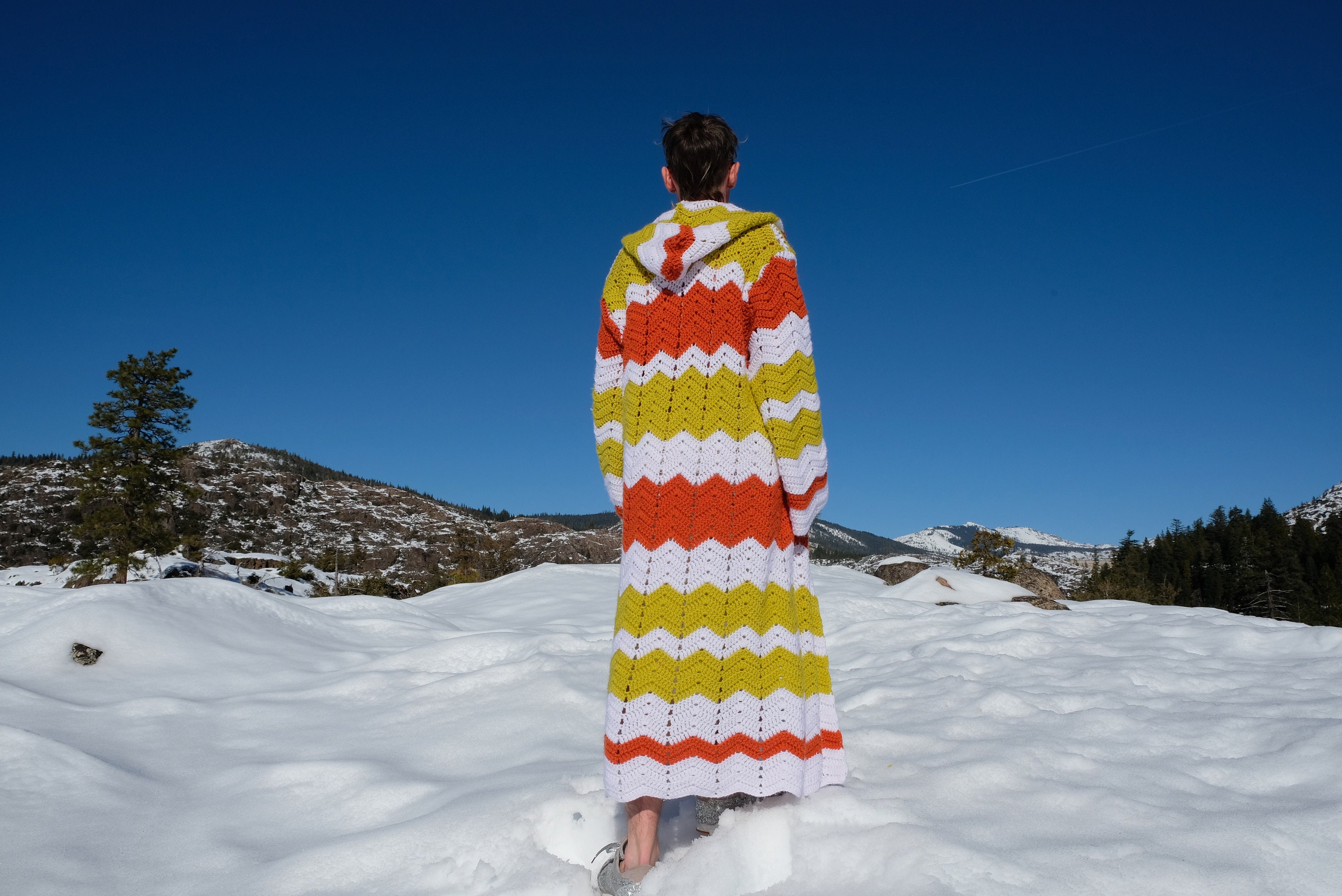 Crochet Sweater Robe White Green and Rust Ultra Soft Floor Length L