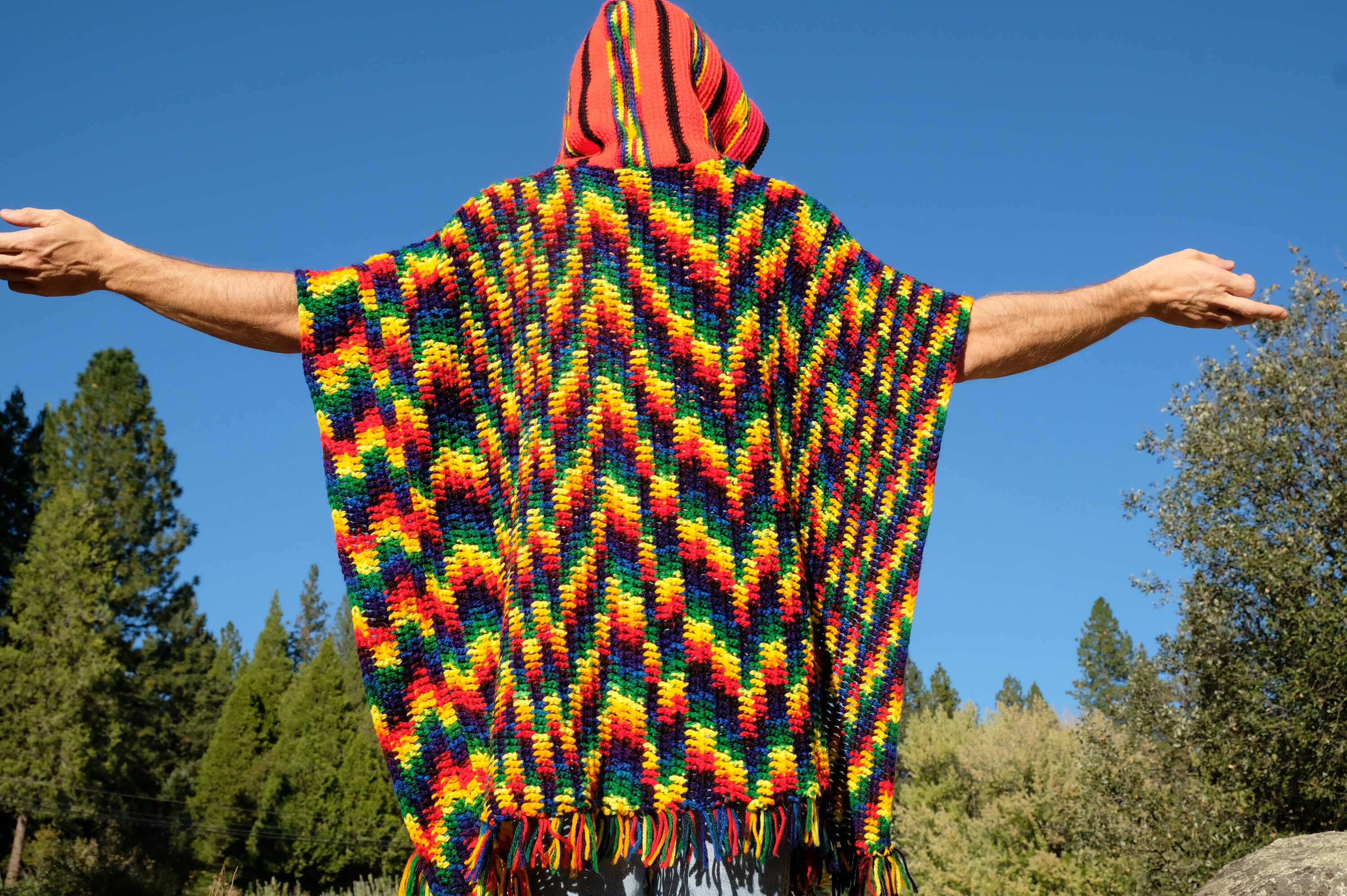 Crochet Poncho Rainbow Psychedelic Variegated Lines and Hoodie L