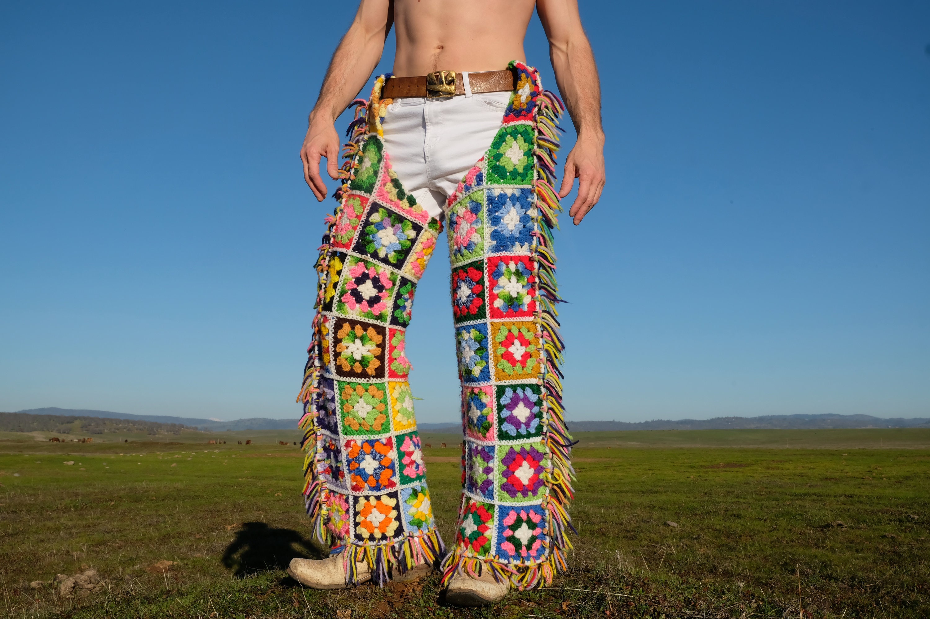Crochet Chaps Multicolor Squares and Side Fringe M