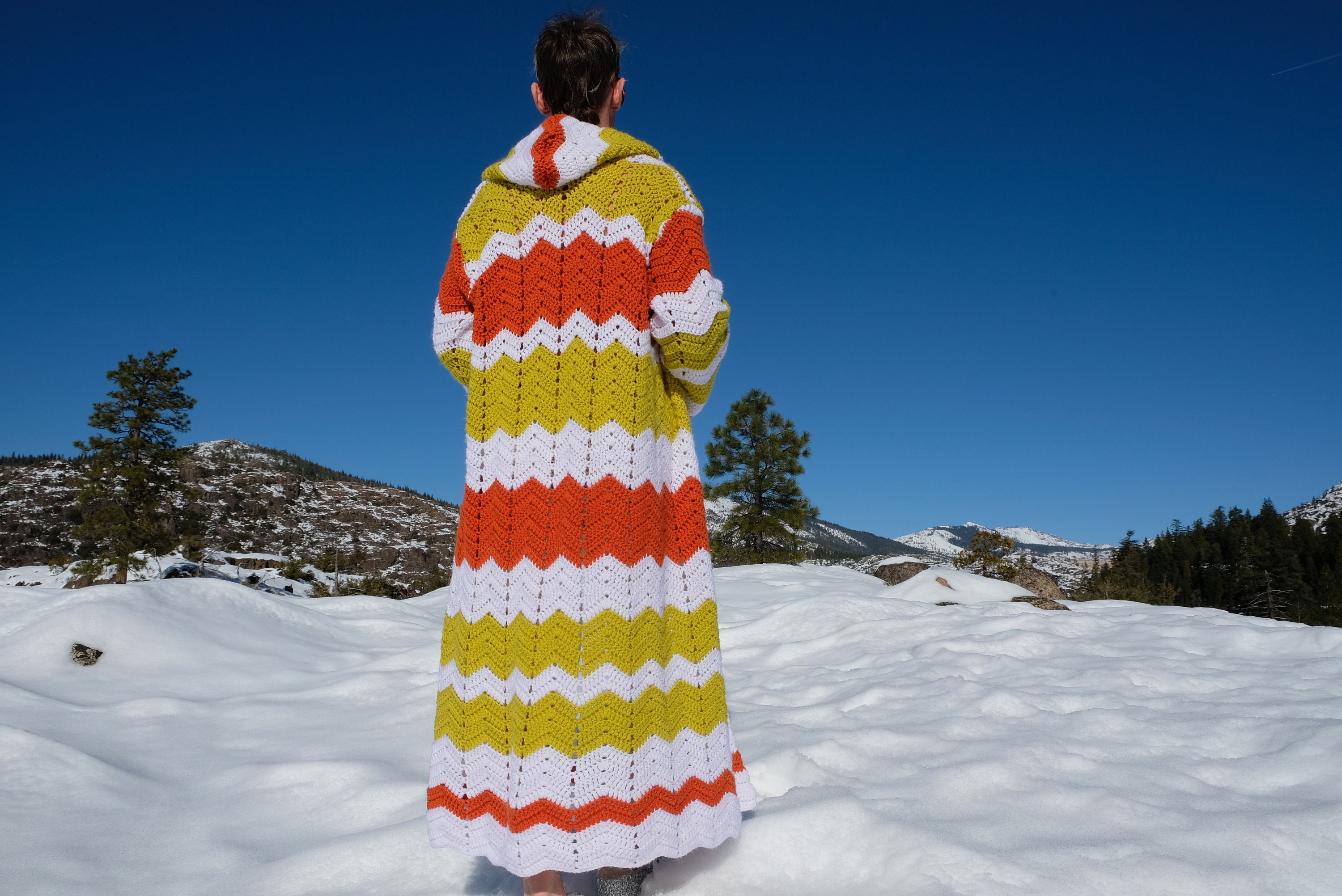 Crochet Sweater Robe White Green and Rust Ultra Soft Floor Length L