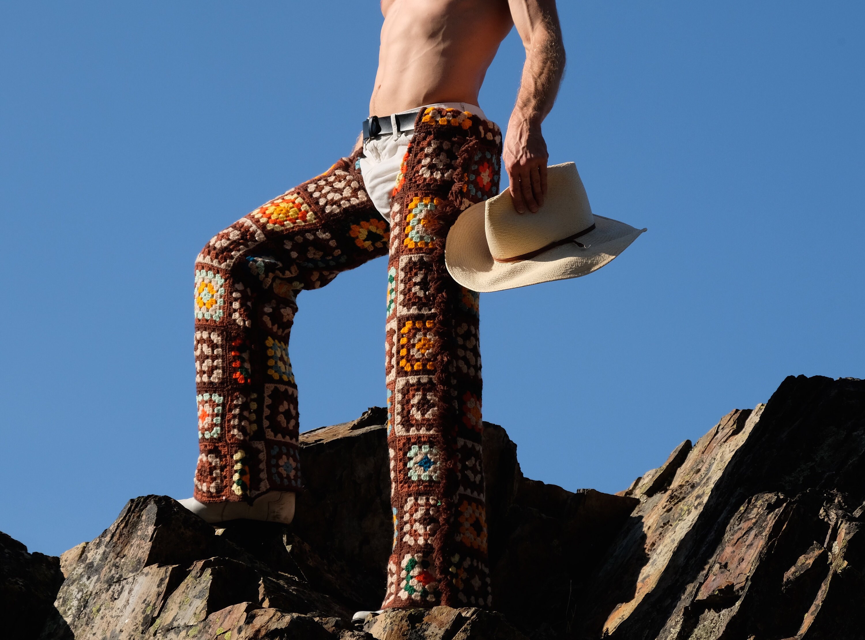 Crochet Chaps Cowboy Side Fringe 70's Disco Squares Wool L