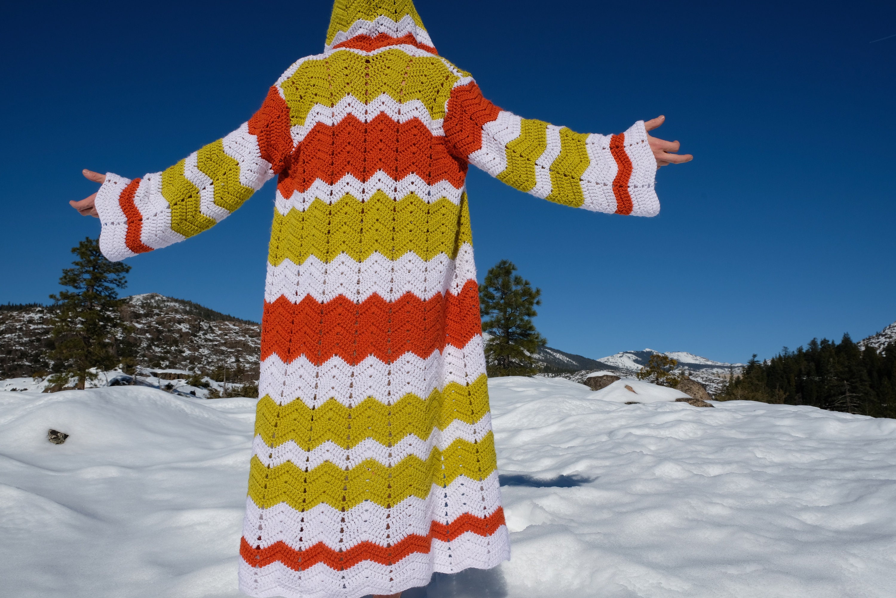 Crochet Sweater Robe White Green and Rust Ultra Soft Floor Length L