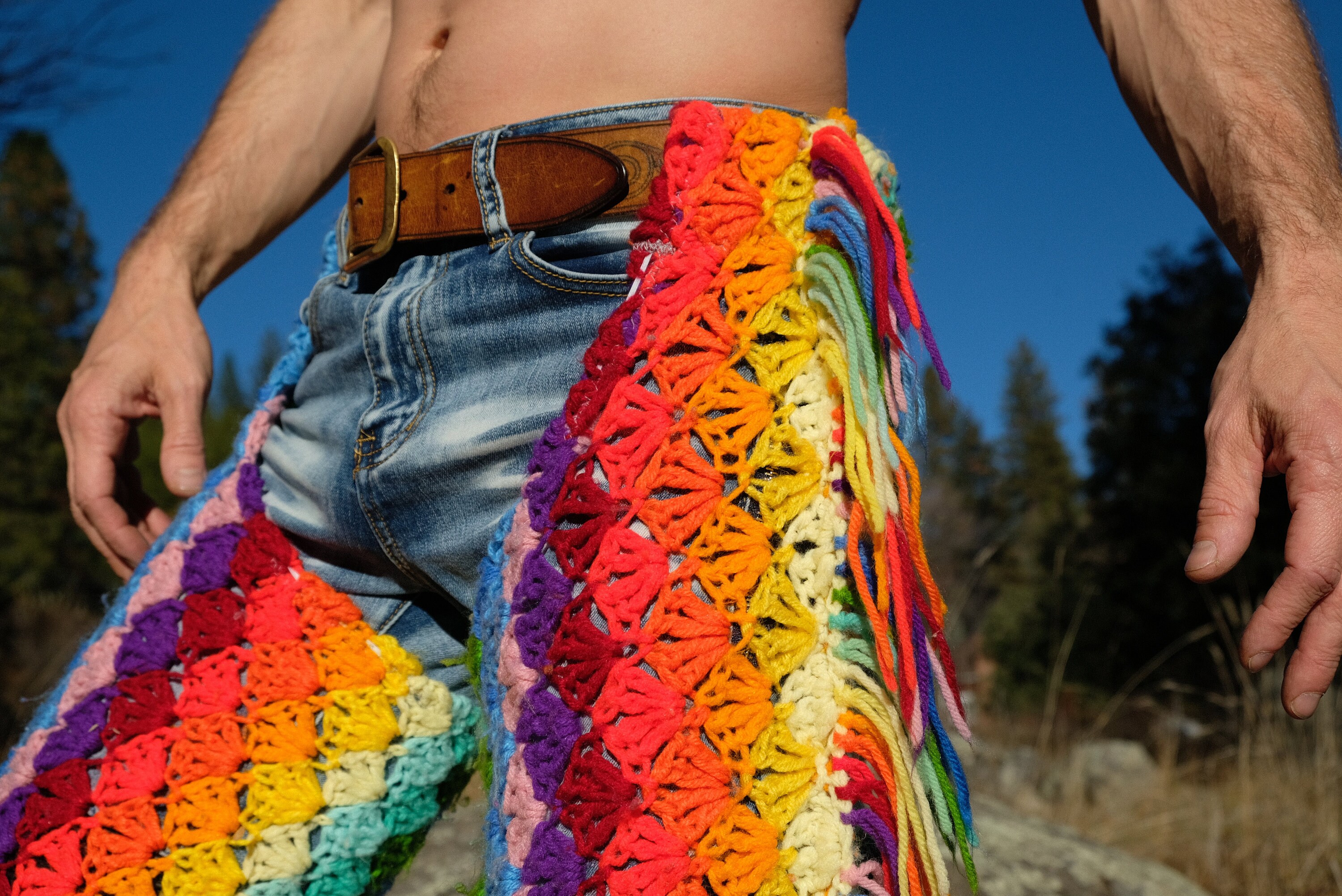 Crochet Chaps Psychedelic Rainbow Diamonds and Side Fringe M
