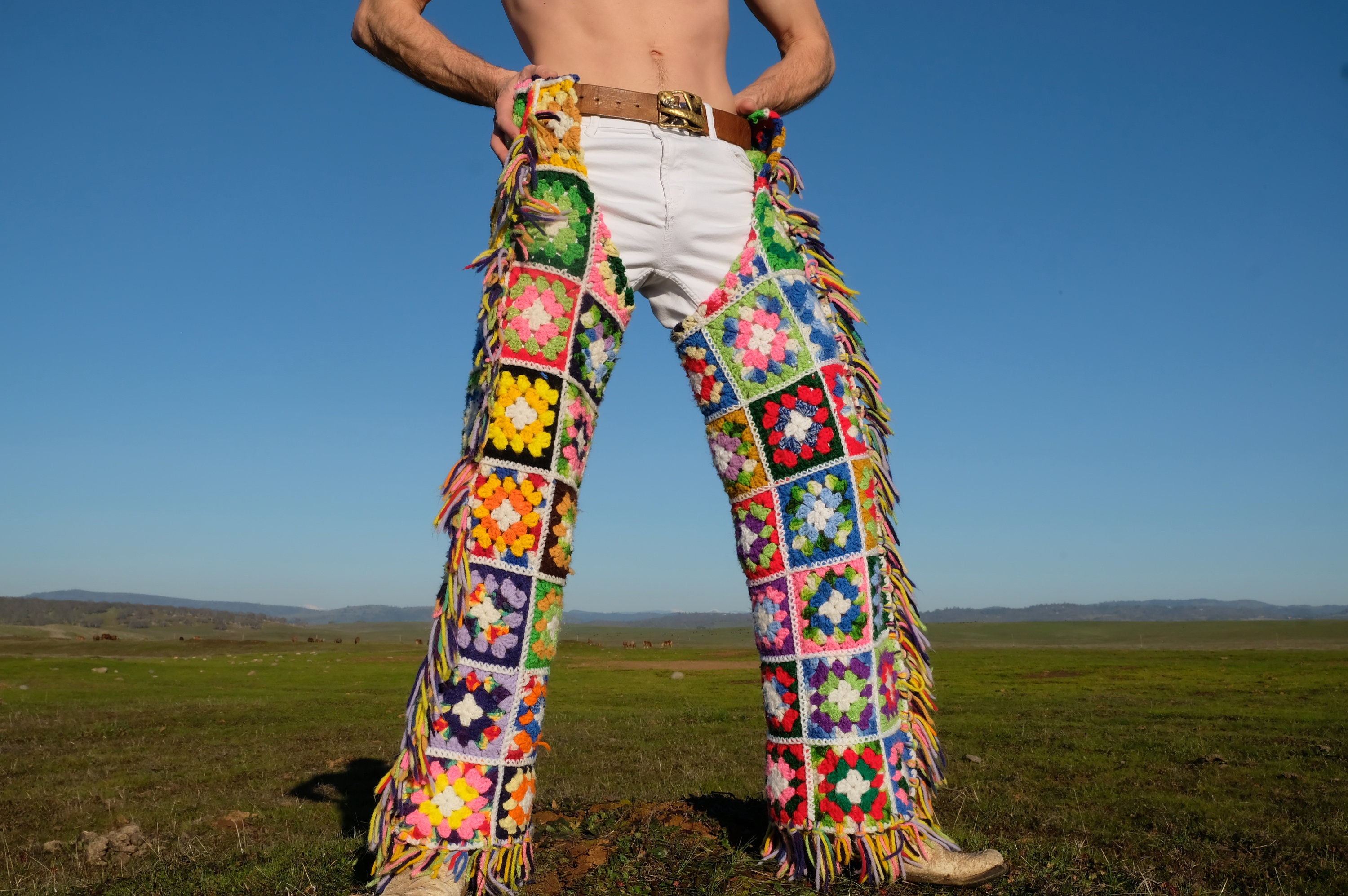 Crochet Chaps Multicolor Squares and Side Fringe M