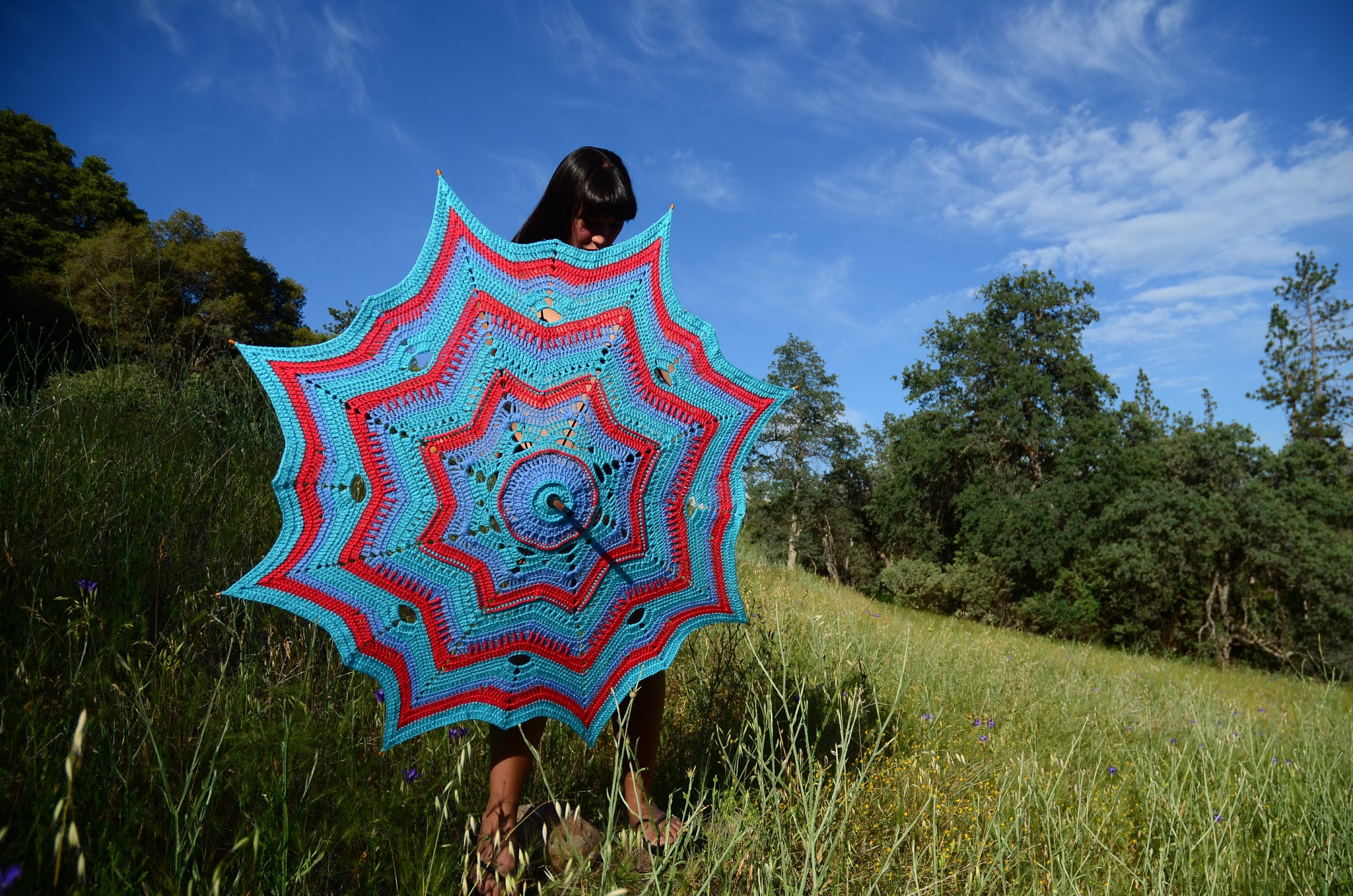 Crochet Parasol Shades of Watermelon and Turquoise