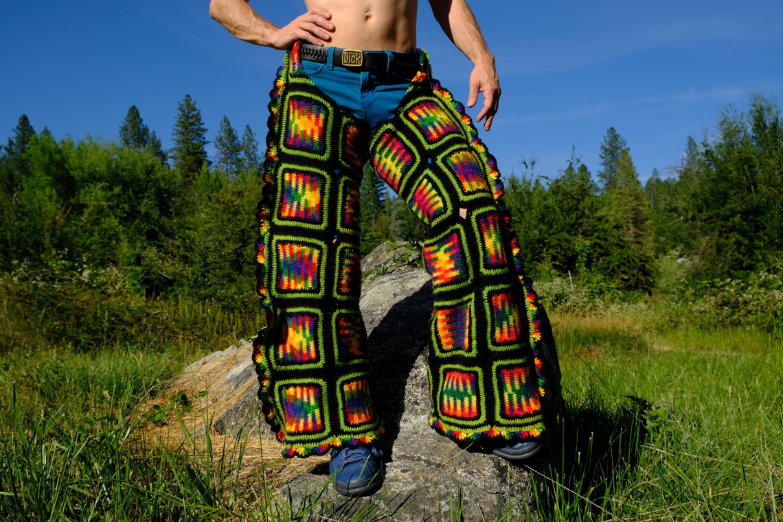 Crochet Chaps Rainbow Television Static on Black Squares L - Etsy